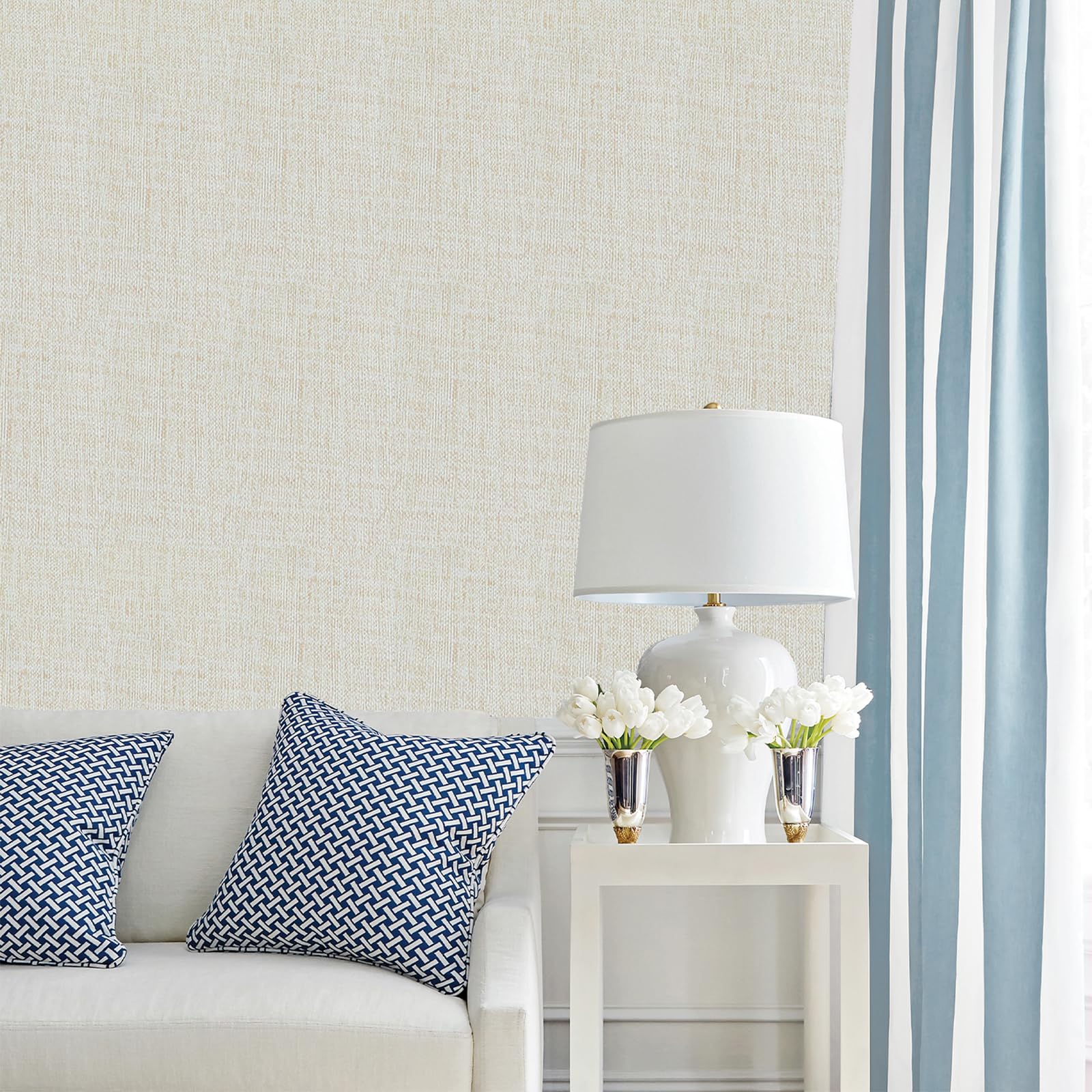 Yancorp 10ft Textured Fabric Cream Wallpaper Faux Grasscloth Beige Peel and Stick Self-Adhesive Linen Removable Wallpaper Cabinets Counter Top Liners