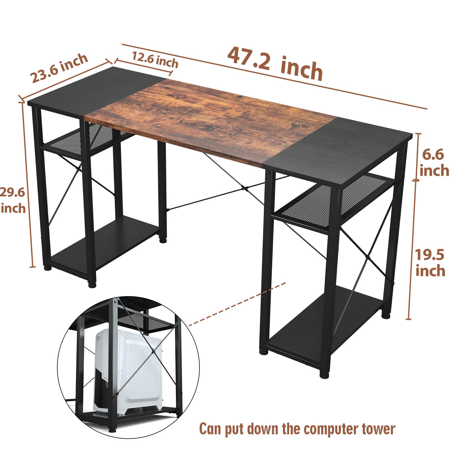 Foxemart Computer Desk 47" Office Desk with Storage Shelves, Industrial Student Study Writing Desk, Modern Work Desk for Home Office, Small Desk Gaming PC Table Workstation, Rustic and Black