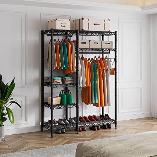 PUNION Wire Garment Rack, 5 Tiers Heavy Duty Clothes Rack for Hanging Clothes, Metal Clothing Rack, Compact Freestanding Wardrobe Closet with Shelves Racks,45"LX 17"W X 71"H,Max Load 600LBS,Black,GR5