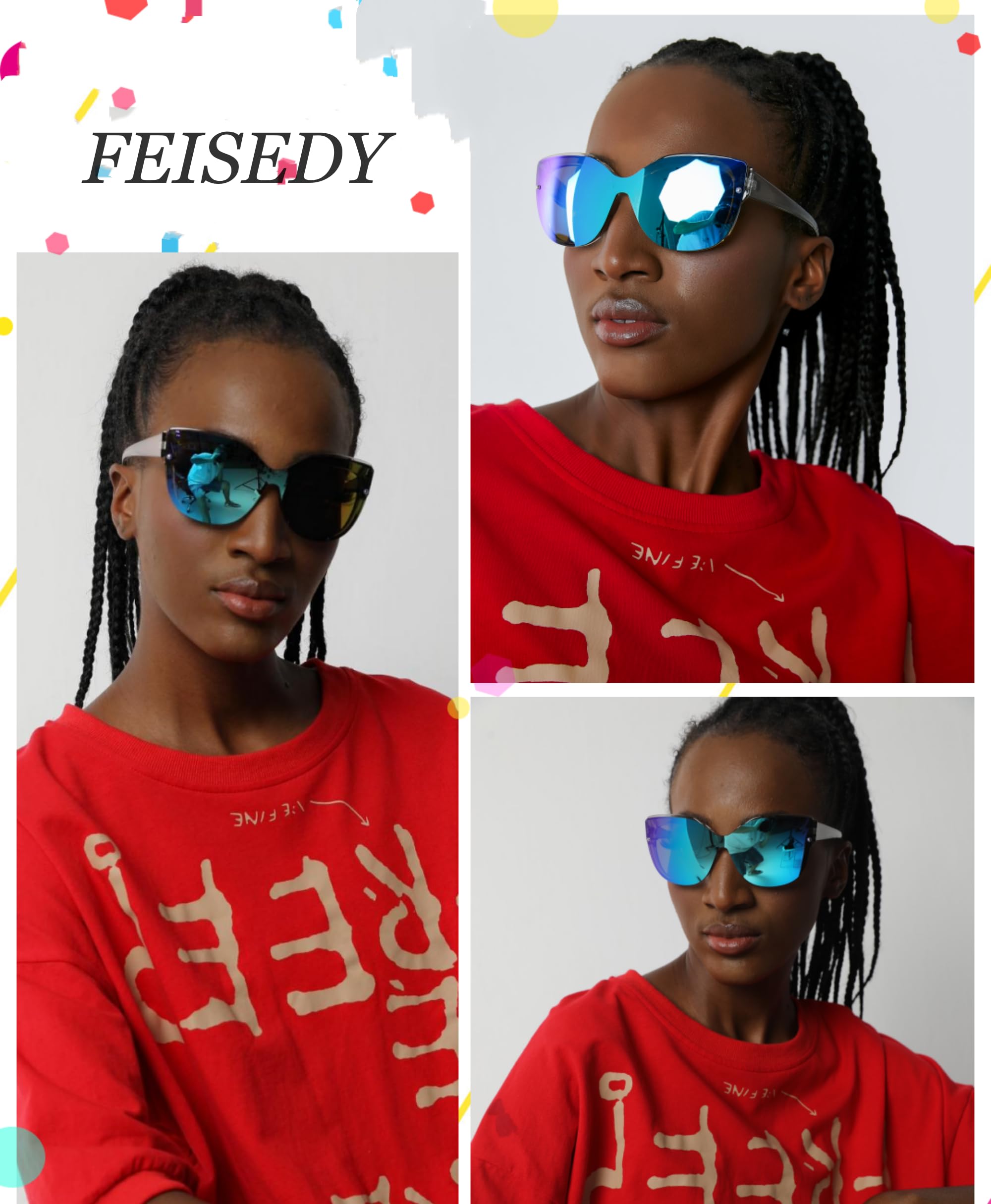 FEISEDY Cat Eye Sunglasses Polarized for Women Men,Rimless Mirrored Sunglasses, Oversized, Trendy Retro Sun Glasses B2796 Transparent Grey/Blue Mirror