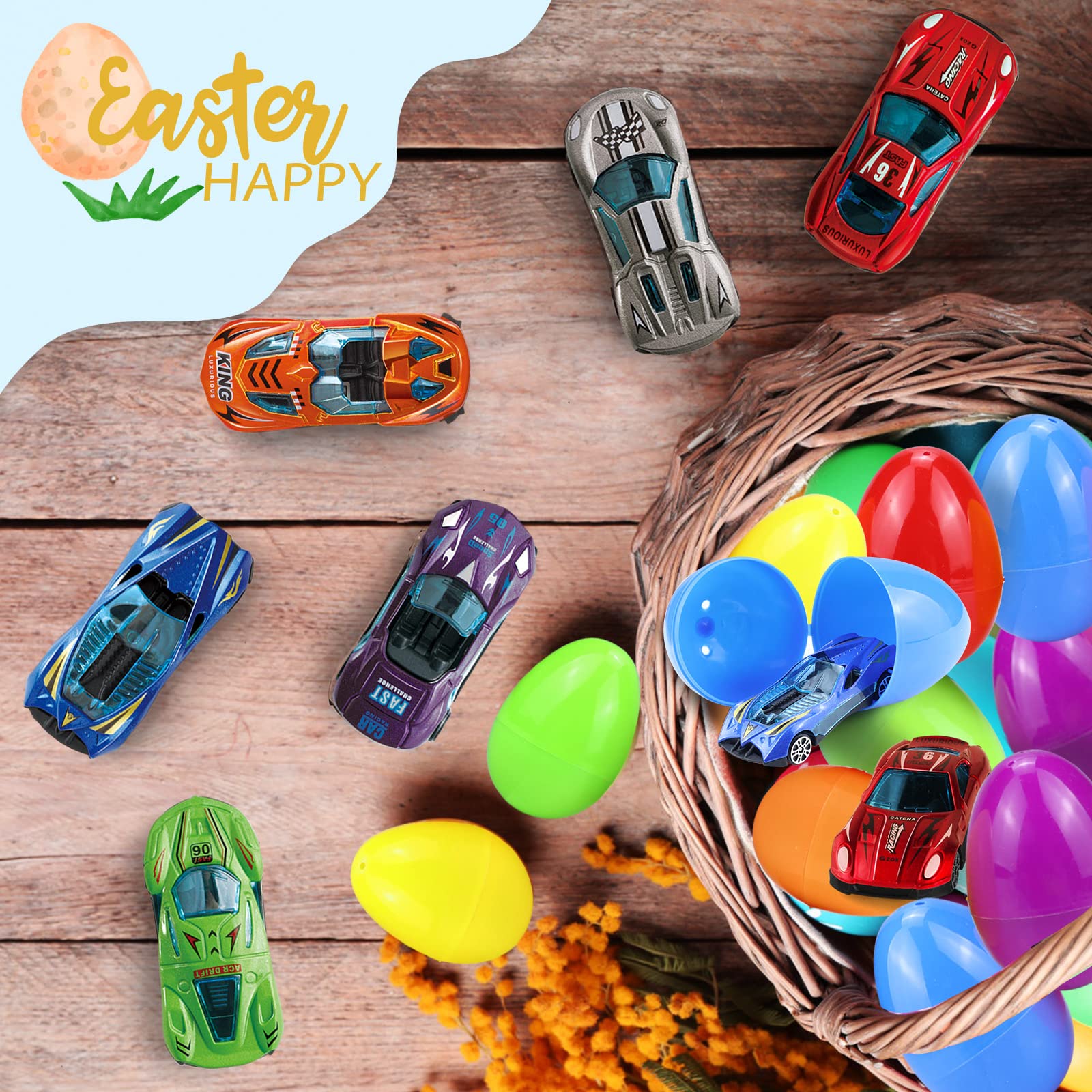 OCHIDO 12 Pack Easter Eggs Toys with Die-Cast Cars,Boy Easter Basket Stuffers for Kids,Easter Eggs Hunt,Prefilled Easter Eggs with Toys,Easter Party Supplies Bulk