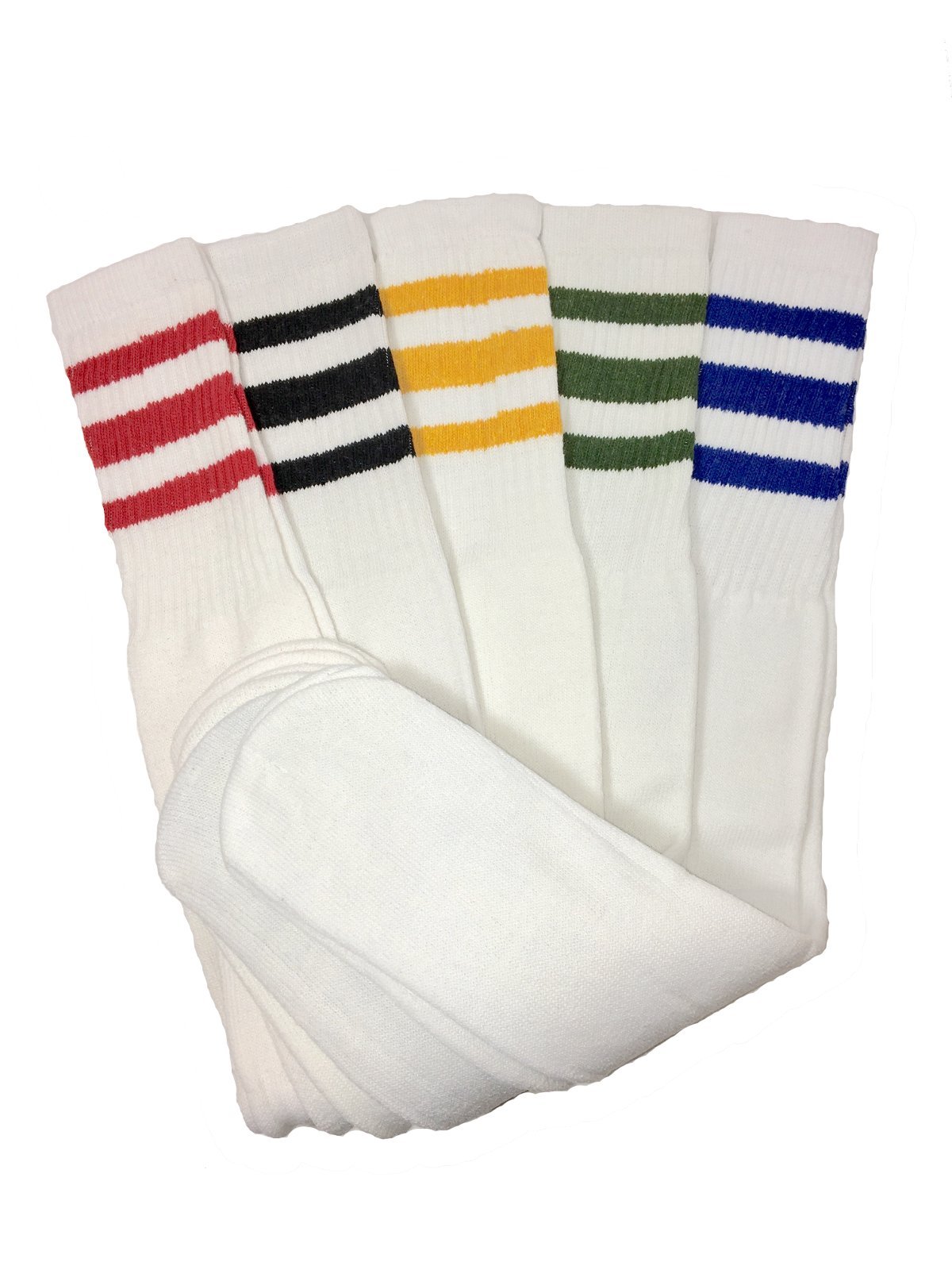 Full 90 Mens 5 PAIRS Classic Multi Striped Sports Tube Socks,Sock Size 10-15, White, Large
