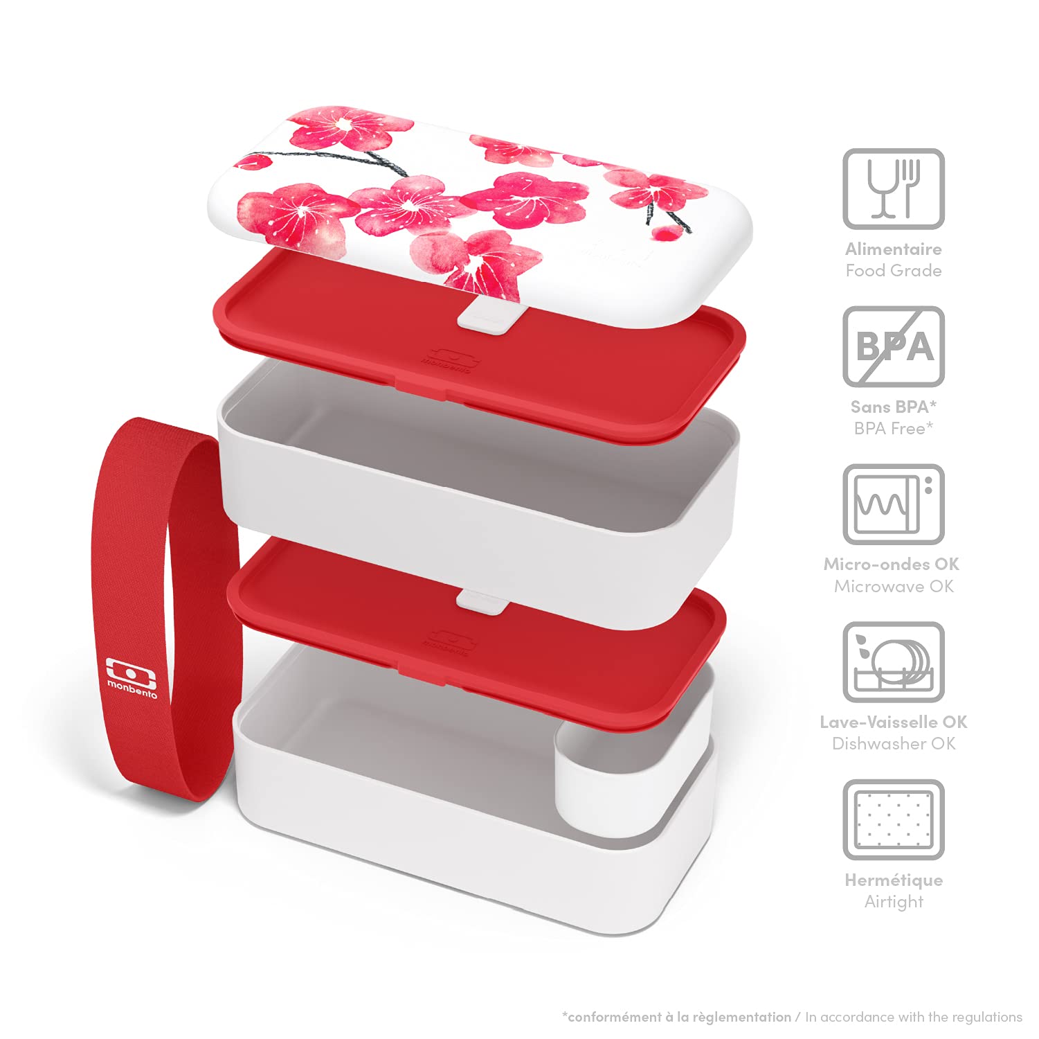monbento - Bento Box MB Original Blossom with Compartments - 2 Tier Leakproof Lunch Box for Work and Meal Prep - BPA Free - Food Grade Safe - Japanese Flowers - Red & White
