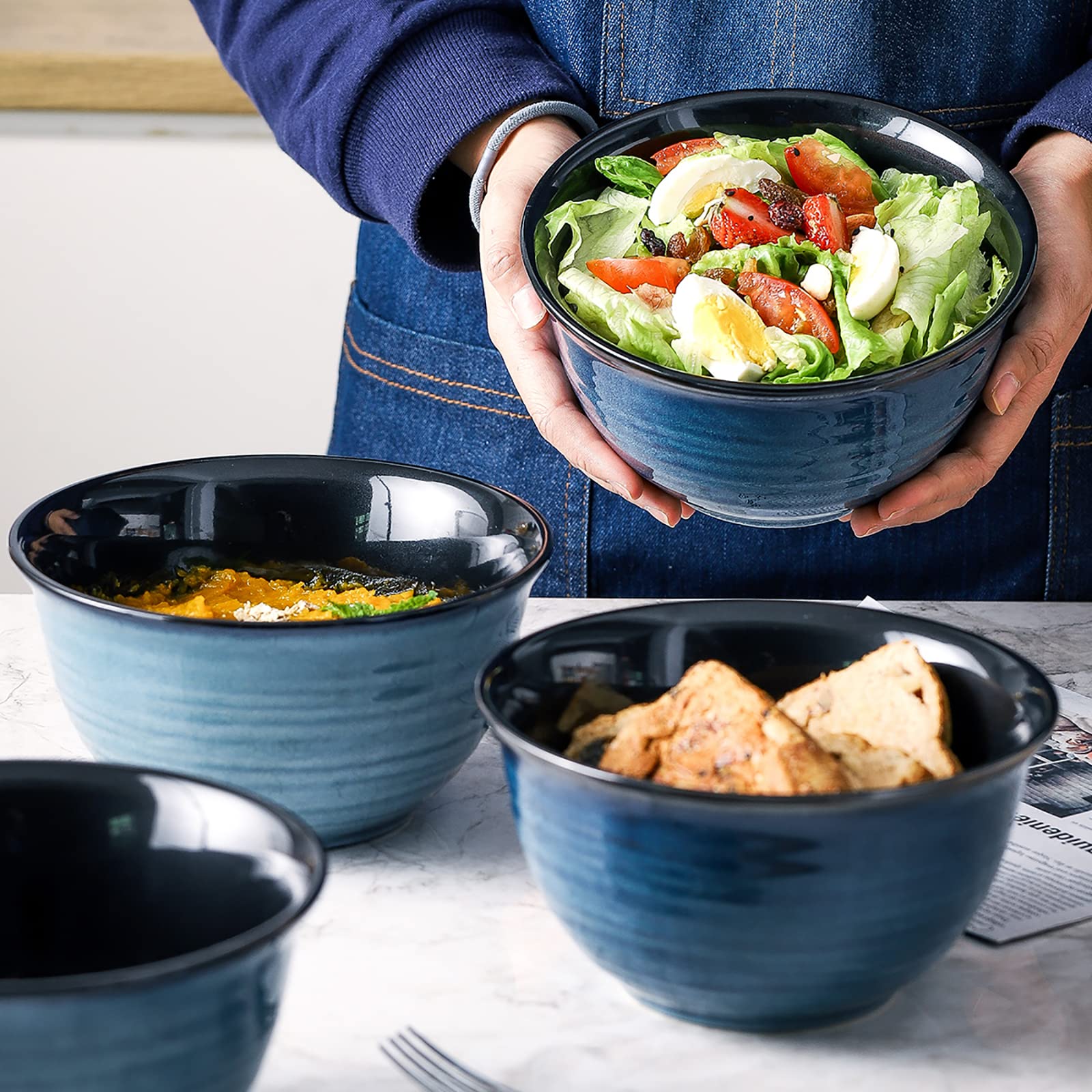Hasense Ceramic Soup Bowls Set of 4, 40 Ounce Large Cereal Bowls for Kitchen, Deep Serving Bowls for Salad Pasta Ramen Pho Popcorn, Dishwasher Microwave Safe, Navy Blue