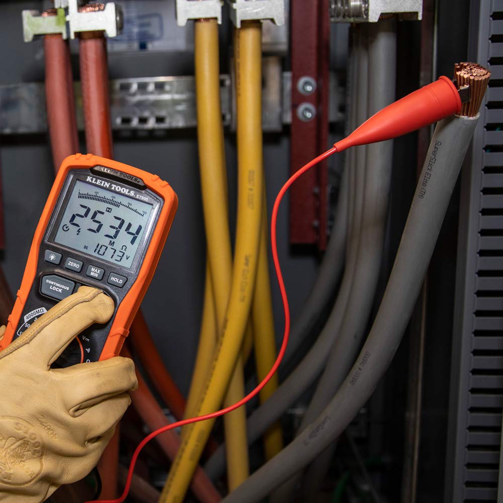 Klein Tools ET600 Multimeter, Megohmmeter Insulation Tester, 4000 Ohms Resistance, 125V/250V/500V/1000V, Auto-Ranging TRMS Multimeter & 69417 Rare-Earth Magnetic Hanger, with Strap