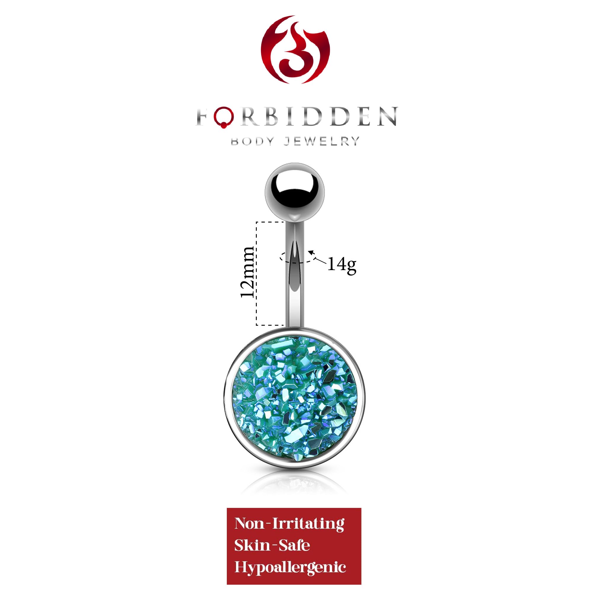 Forbidden Body Jewelry 14g Surgical Steel Synthetic Druzy Stone Round Belly Button Ring, Green