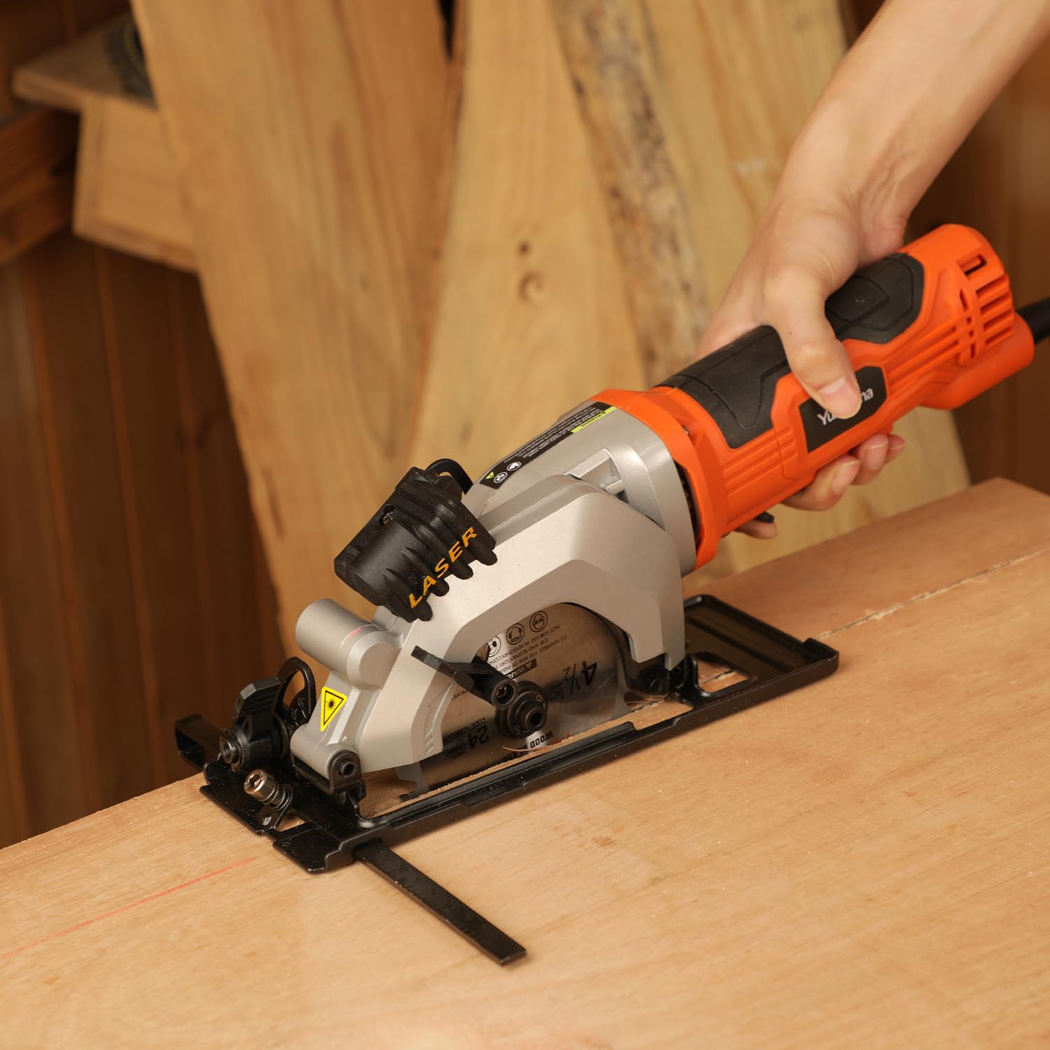 Yunirvana 4Amp 3500RPM Mini Circular Saw with Laser Guide, Vacuum Adapter, Blade Wrench and Rip Guide, Max. Cutting Depth1-5/8"(90°), 1-1/10"(45°)Compact Saw with 2 pcs 4-1/2" 24T TCT Blades