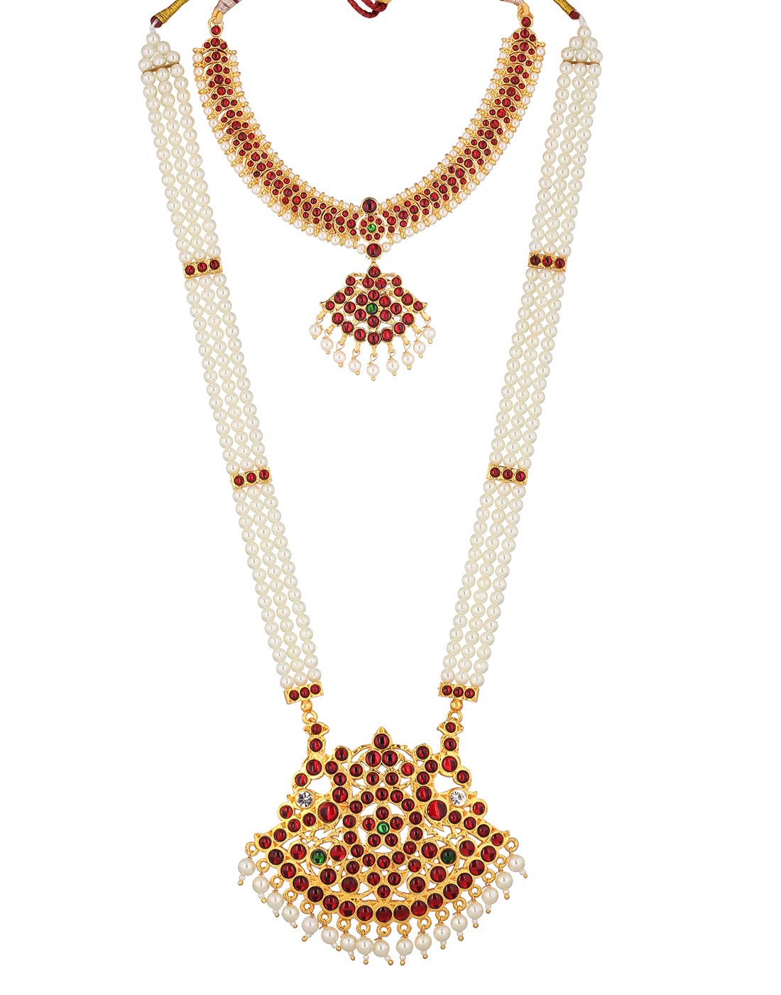 Fashionatelier 3 Line Long Pearl Haram with Pendant and Short Necklace with Earrings