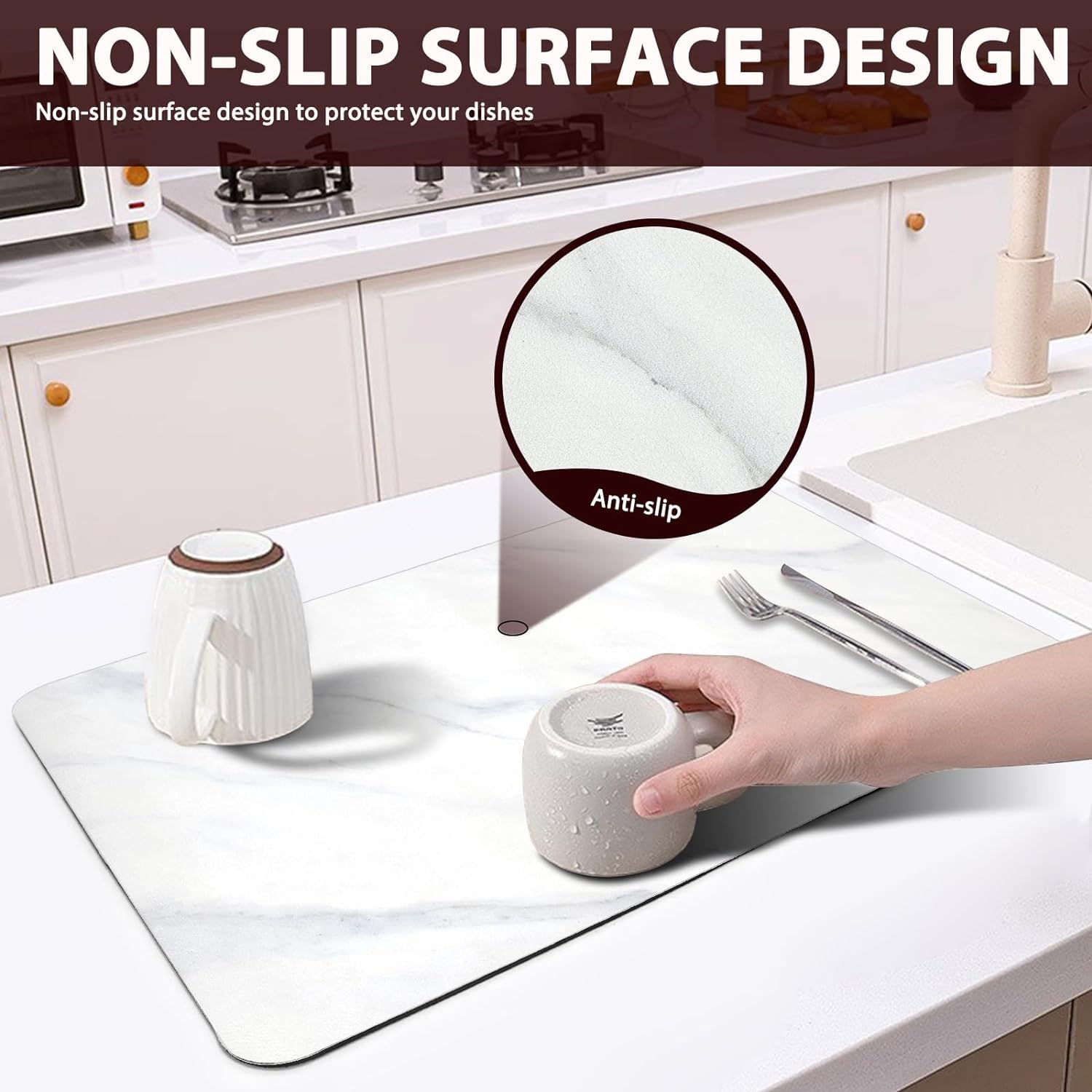 Dish Drying Mat for Kitchen Counter, 24"x16" Super Absorbent Hide Stain Dish Drying Pad with Non-slip Rubber Backed, Quick Drying Mat for Coffee Machine Dish Rack(Whtie Marble)