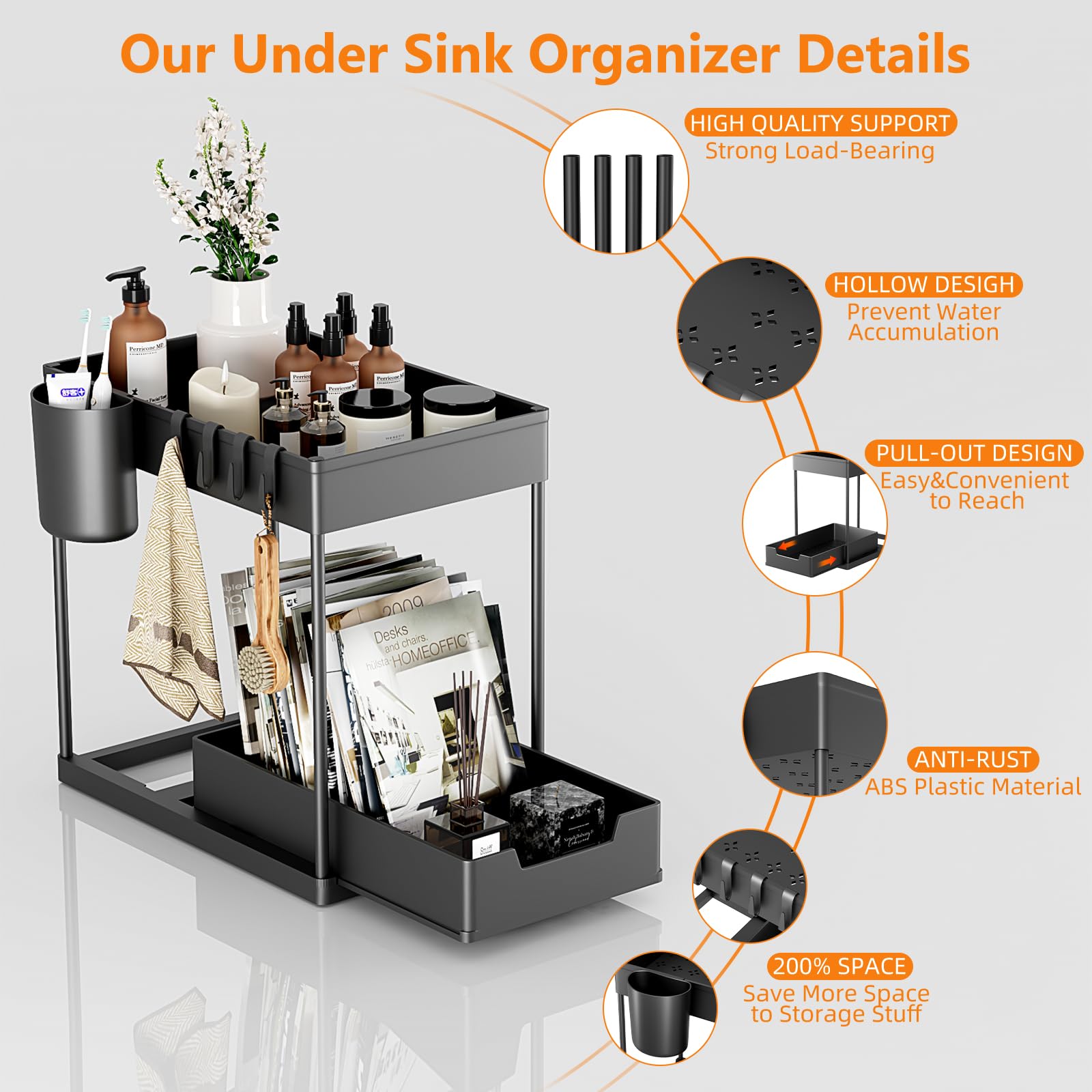 EYOBE Under Sink Organizer 2 Pack, 2-Tier Sliding Cabinet Organizer with Hooks and Hanging Cup, Multi-Use Under Sink Organizers and Storage for Kitchen Bathroom Office Laundry Room, Black
