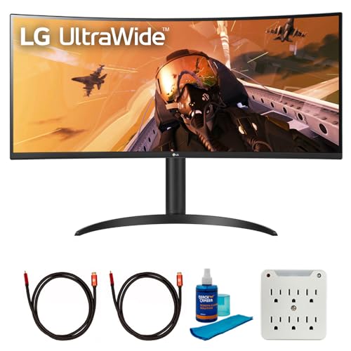 LG 34 inch Curved UltraWide QHD Monitor with AMD FreeSync Bundle with 2X 6FT Universal 4K HDMI 2.0 Cable, Universal Screen Cleaner and 6-Outlet Surge Adapter