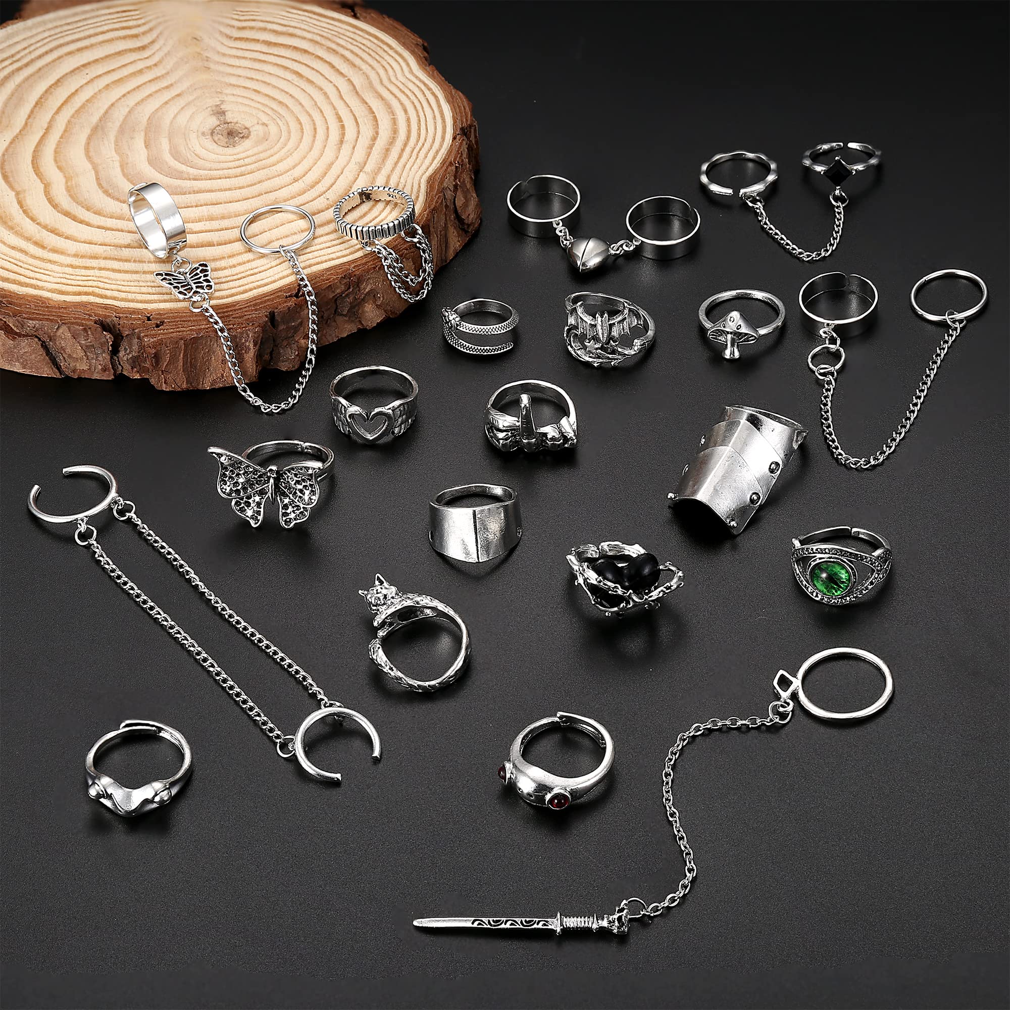 FIBO STEEL 20 Pcs Vintage Silver Punk Rings Gothic Chain Finger Ring Cool Full Finger Rings Set Goth Snake Butterfly Open Stacking Rings Adjustable Halloween Vampire Cosplay Party Accessory frog