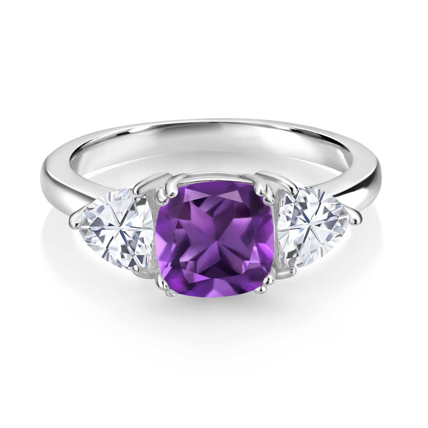 Gem Stone King 925 Sterling Silver Purple Amethyst and White Moissanite 3 Stone Engagement Ring For Women (2.34 Cttw, Gemstone February Birthstone, Available In Size 5, 6, 7, 8, 9)