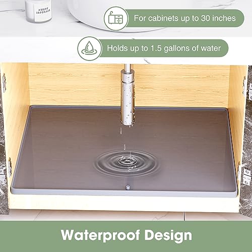 Puricon Under Sink Mat, 28β x 22β Under Sink Mats for Kitchen Waterproof, Silicone Under Sink Liner Under Cabinet Rubber Mat Protector, Flexible Under Sink Drip Tray for 30β Bathroom Cabinet -Gray