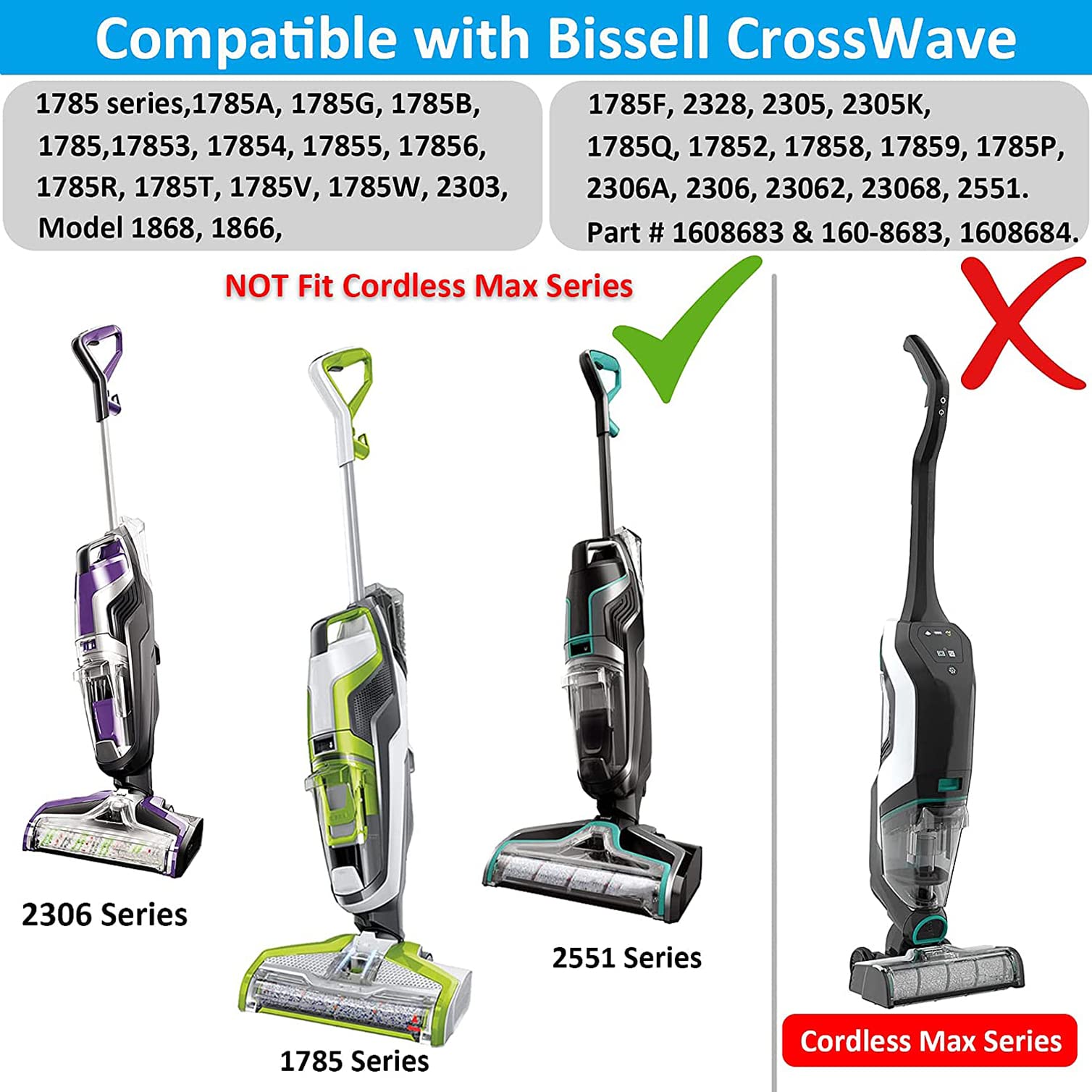 for Bissell CrossWave Pet Pro 2306A CrossWave 1785 Series Replacement Parts 1 Pack 2460+1 Pack 1868 Multi-Surface Pet Pro Cleaner Brush Rolls Tangle-Free+4 Pack 1866 Vacuum Filter Part 1613568 1608684