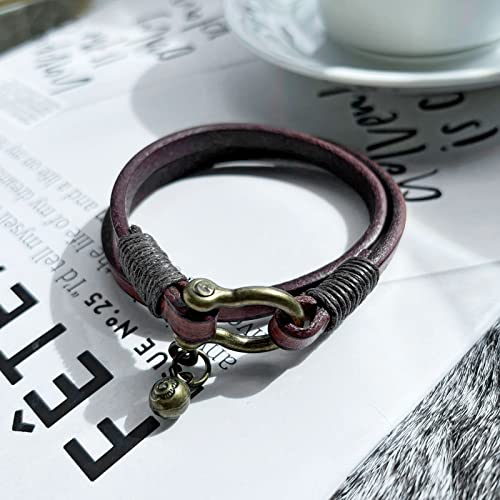 HZMAN 7.5 Inch Handmade Leather Cuff Bracelet for Women Steampunk Style Double Wrap Leather Wristband with Small Bells