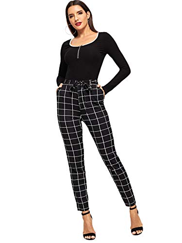 WDIRARA Women's Stretchy Plaid Print Pants Soft Skinny Regular Fashion Leggings Black-2 L