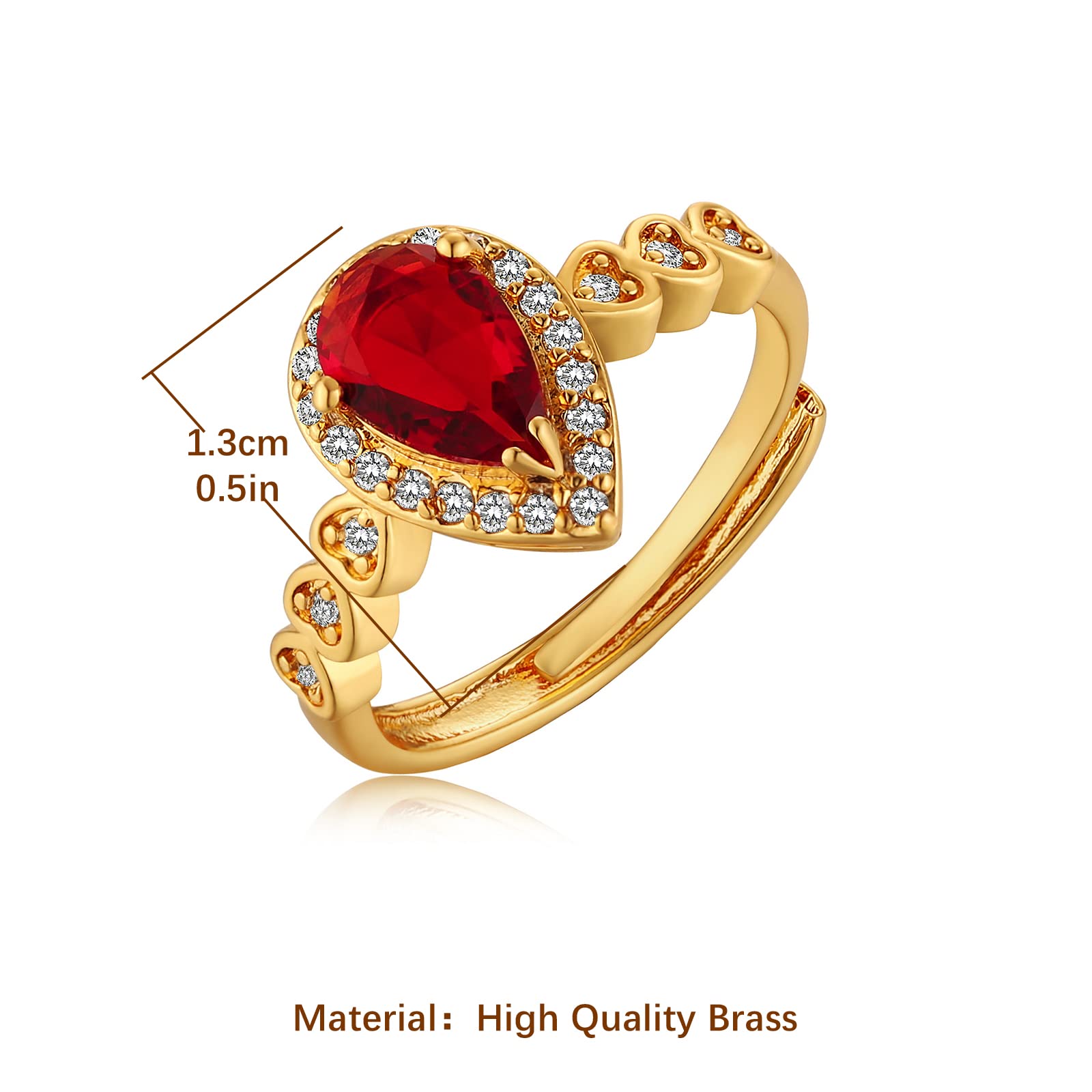HZMAN Drop Shaped Red/Green CZ Diamond Cut Women's Ring Gold Plated Brass Adjustable Commitment Couple Thumb Pinkie Ring