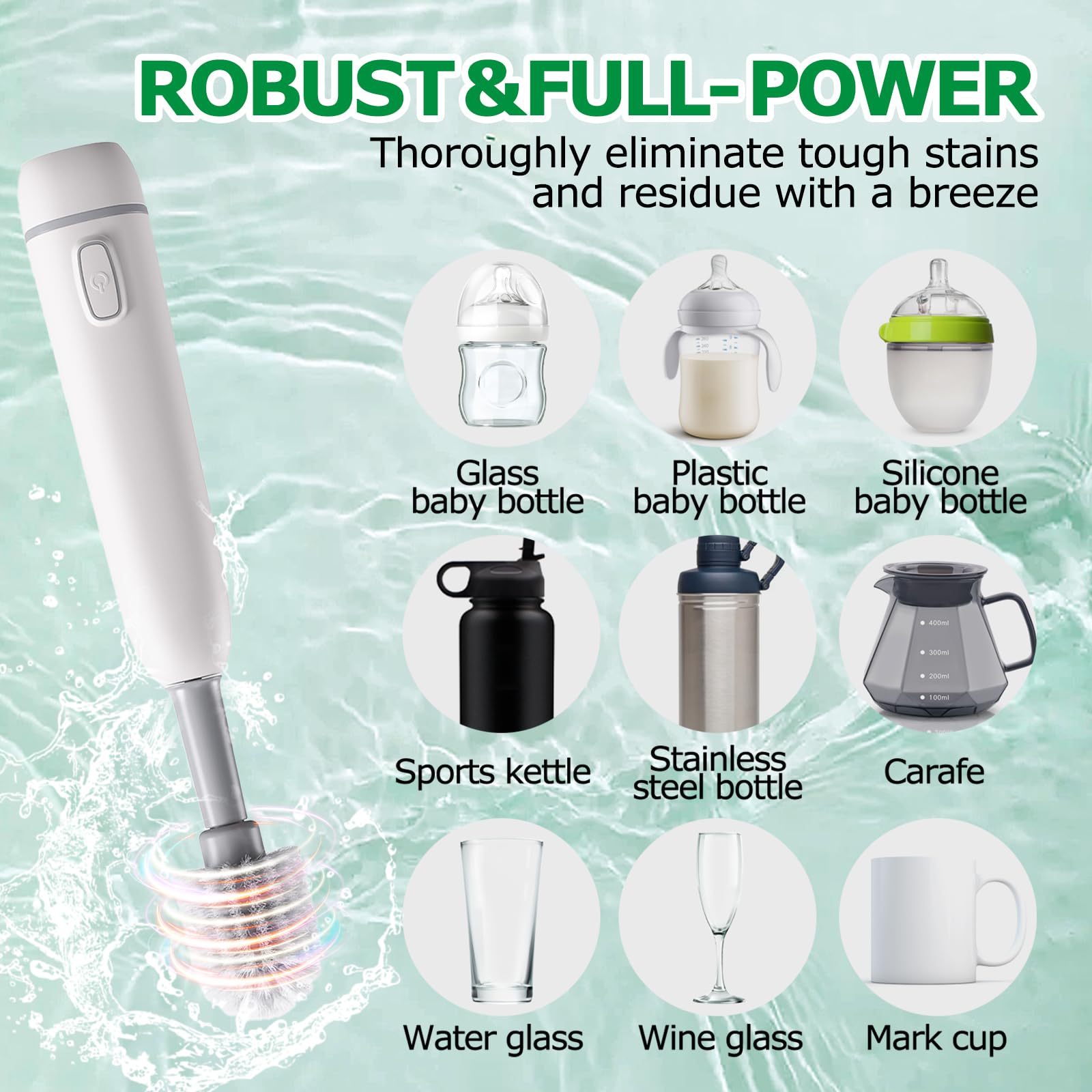 FORASTO Electric Bottle Brush, USB Rechargeable IPX7 Waterproof Water Bottle Cleaner Brush with 3 Straw Cleaner Brushes, Powerful Rotations Bottle Cleaner Brush, White