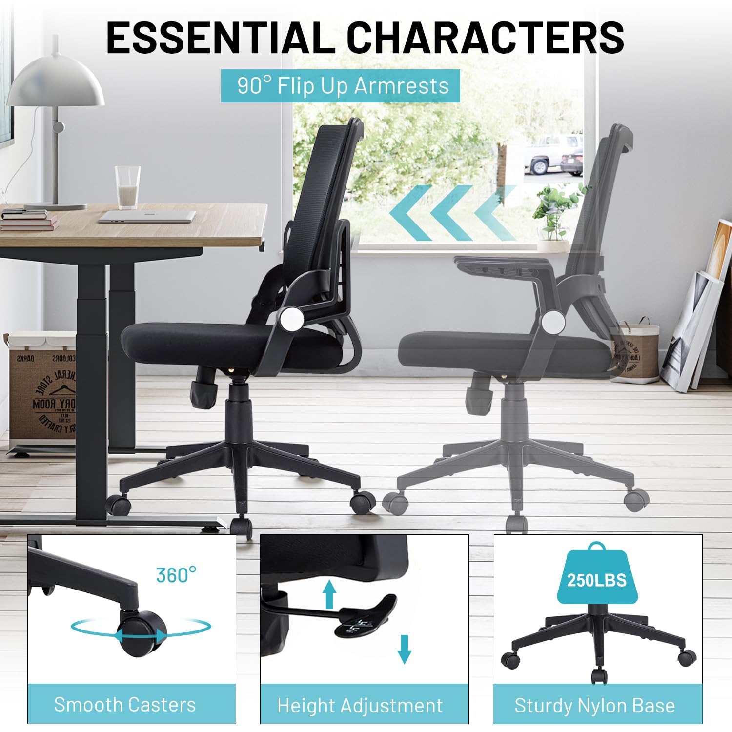 ZanzioDesk Chair, Office Chair Mesh Lumbar Support, Ergonomic Rolling Computer Chair with Flip-up Armrests, Swivel Adjustable Mid Back Home Office Chair Task Chair, Black