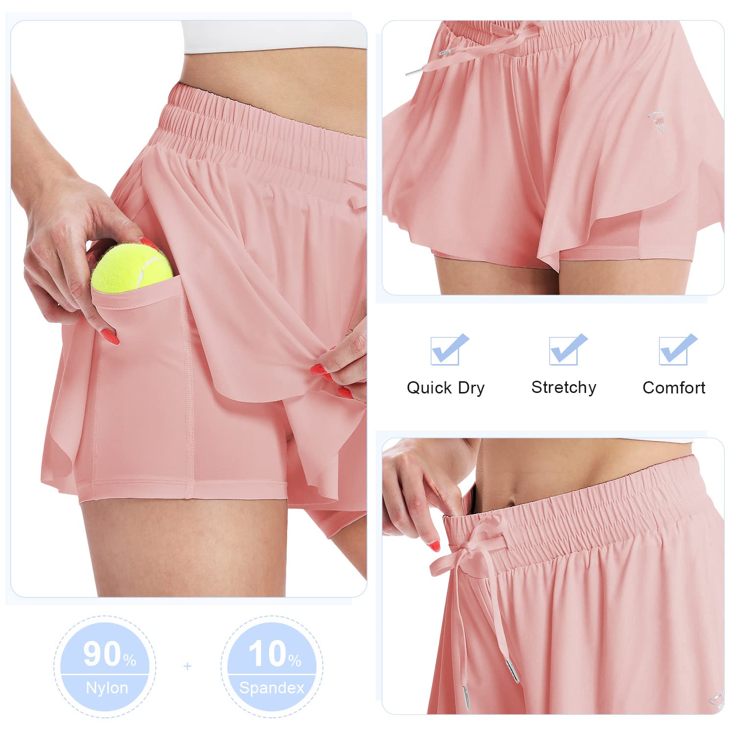 Guooolex Women's Flowy Workout Running Shorts, Pockets Quick Dry Athletic Shorts 2 in 1 High Waisted Biker Gym Yoga Shorts Pink