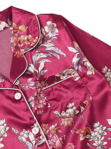 WDIRARA Women's Silk Satin Pajama Set 4 Pieces Sleepwear Loungewear Pj Sets Burgundy M