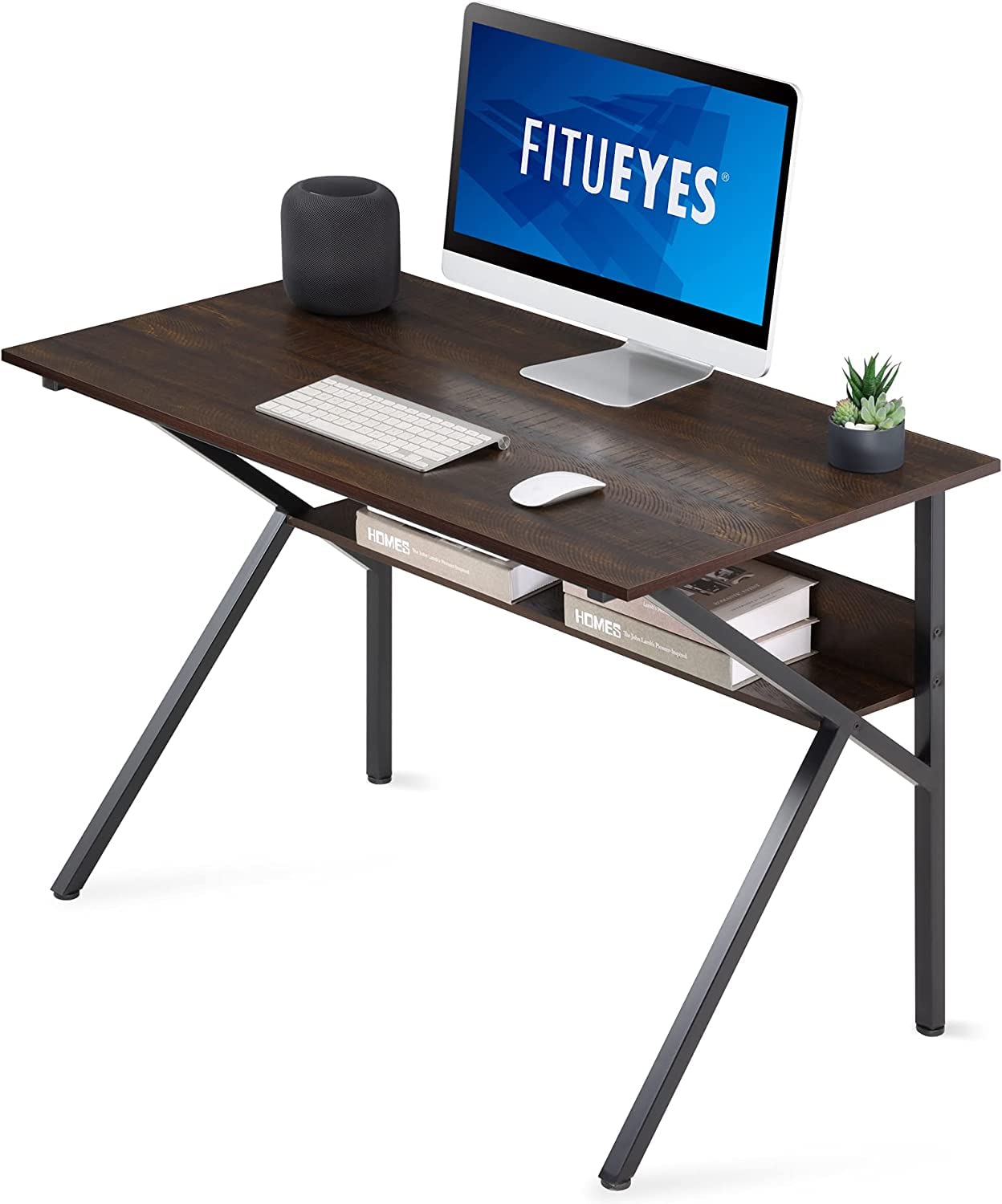 FITUEYES Gaming Computer Desk with Blue LED Light, 27" Sturdy Writing Tables with Storage Shelf for Home and Office