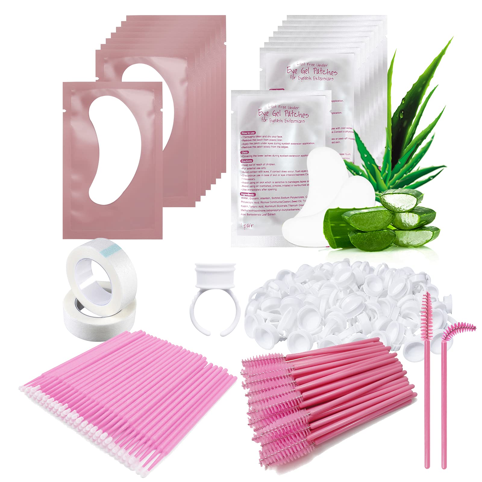 Eyelash Extension Supplies Kit Pink - Under Eye Pads, Disposable Mascara Wands, Glue Rings Holder, Micro Applicators