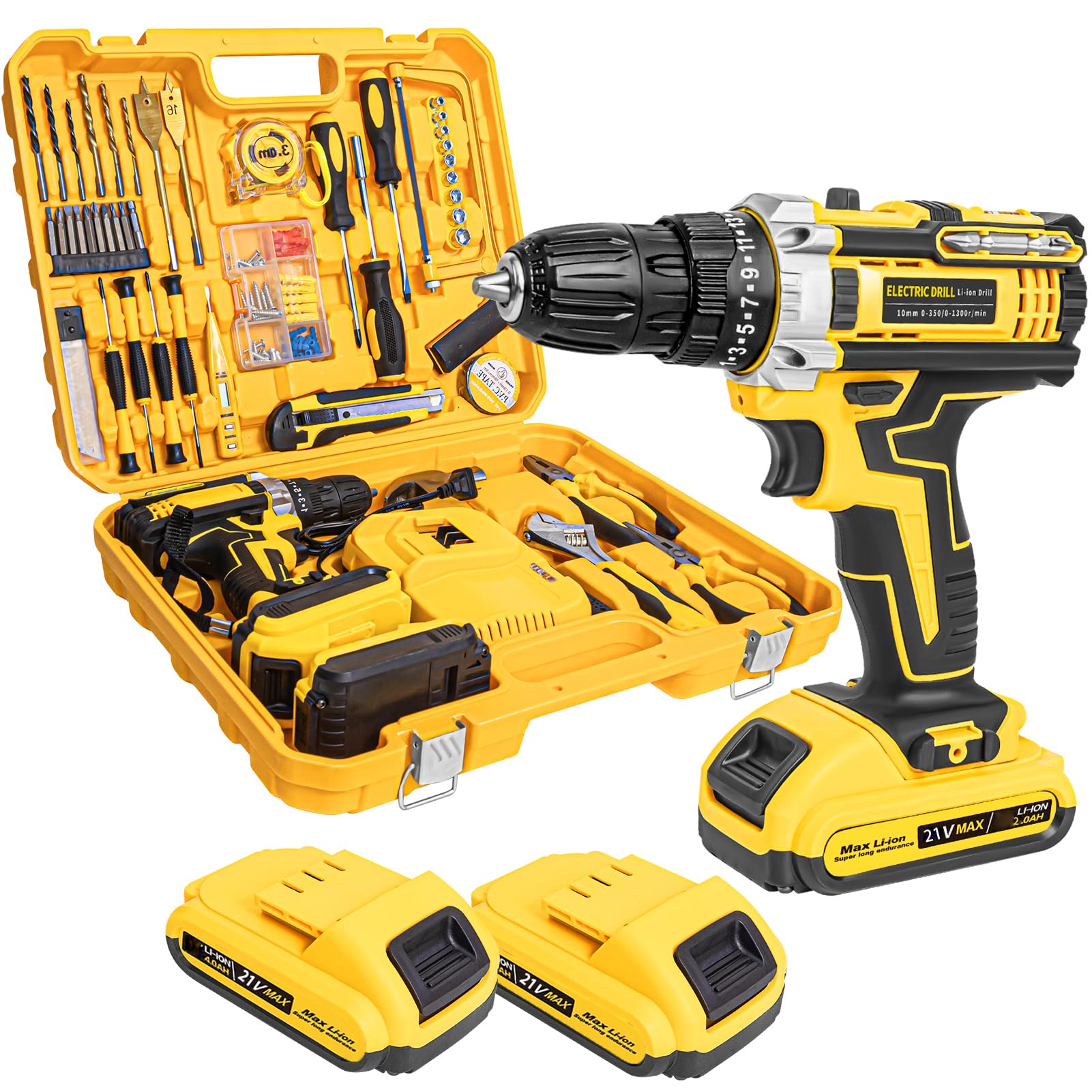 TIKTIK 21V Tool Set with Drill,119 PCS Cordless Drill Sets with 10MM 3/8" Keyless Chuck,25+1 Clutch,2x2.0Ah Battery,Home Tool Kit for All Purpose,Power Drill Set Combo Kit with Toolbox