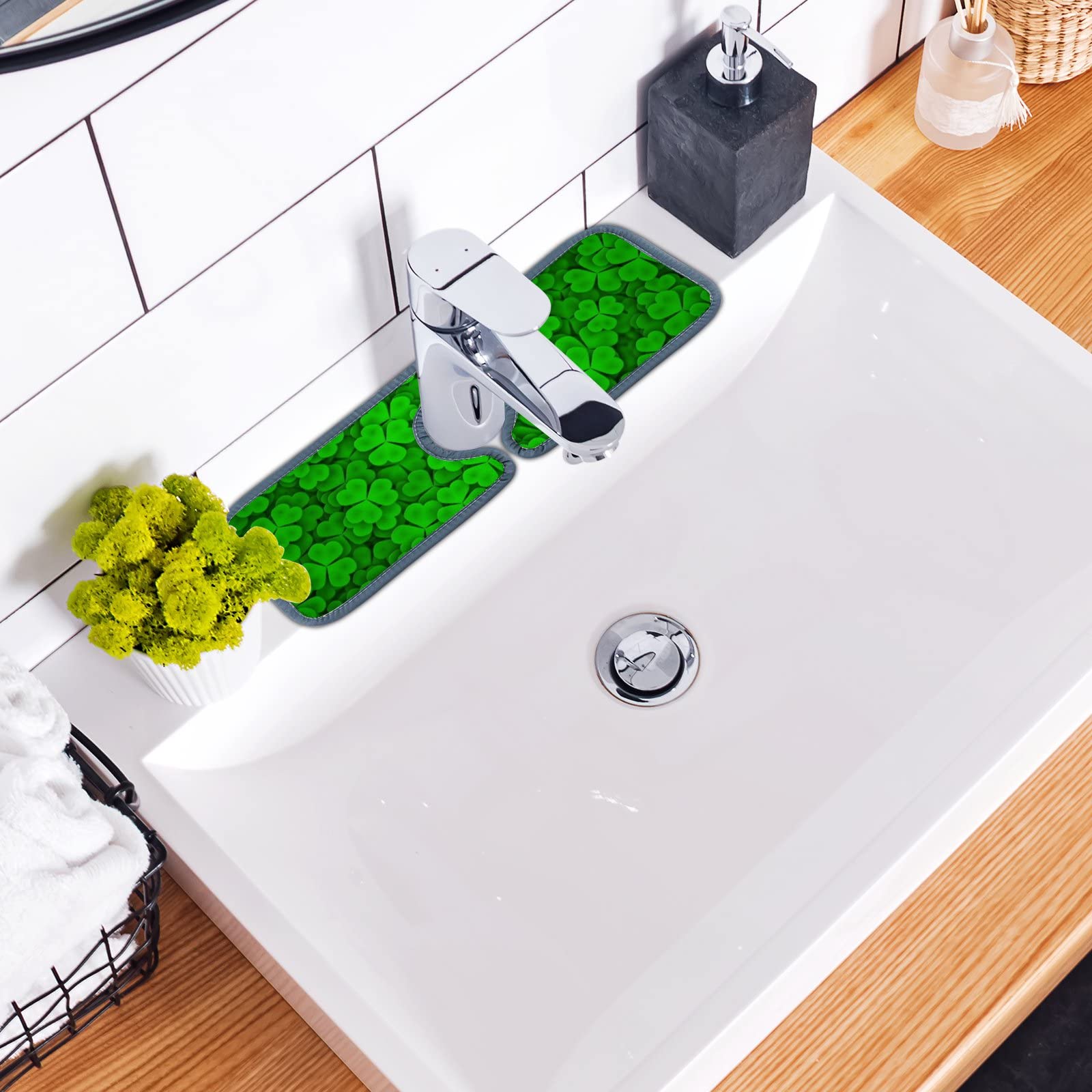 Kitchen Faucet Mats 2 Pieces Happy St Patrick's Lucky Shamrock Faucet Sink Splash Guard Bathroom Counter and RV,Absorbent Faucet Counter Sink Water Stains Preventer