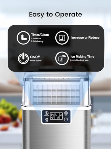 Kndko Ice Cube Maker Machine Countertop, 2 Ways to Add Water, 45Lbs/Day, 24 Pcs Ready in 13 Mins, 2.6 lbs Capacity, Ice Makers Countertop with 24H Timer for Home Bar RV,Stainless Steel Ice Maker