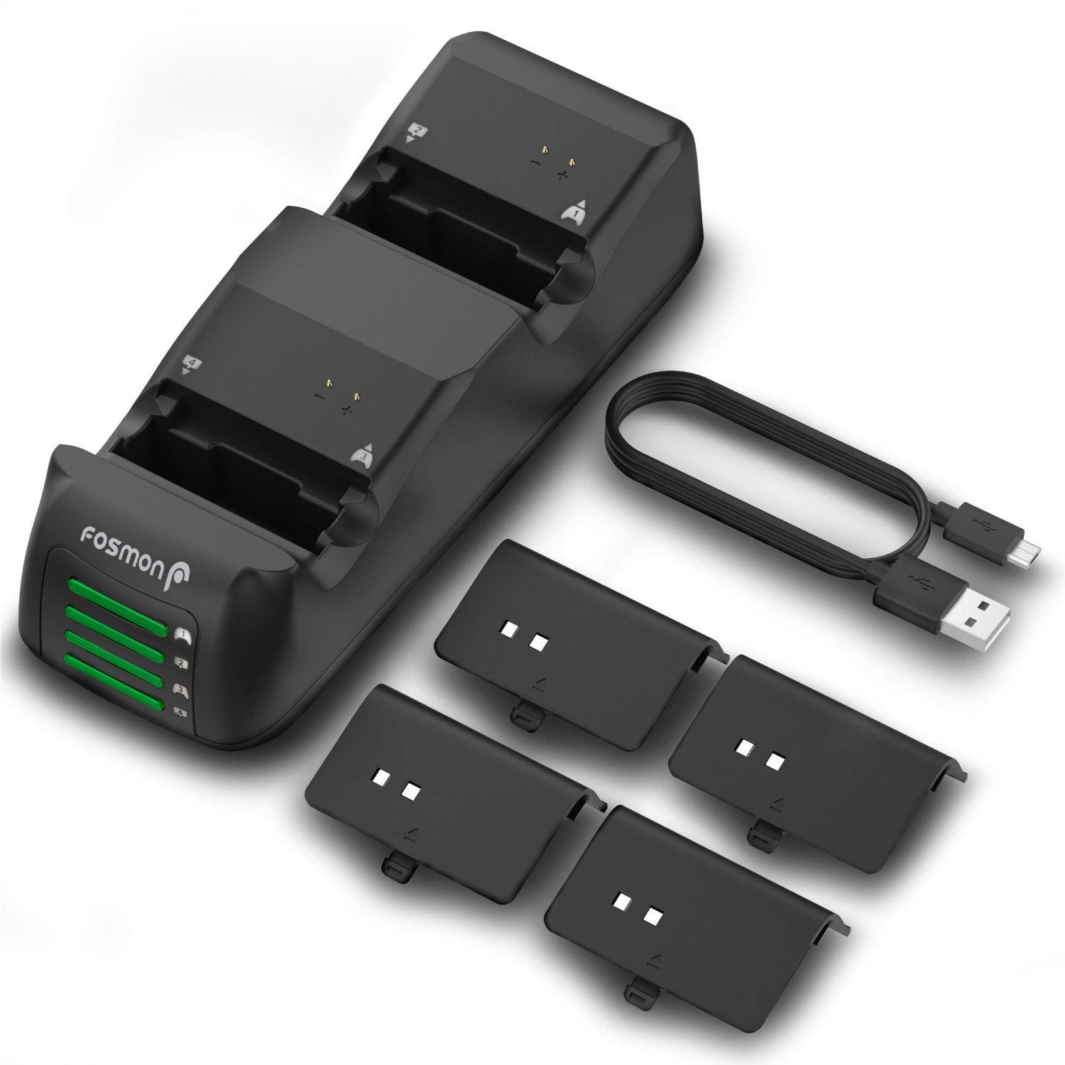 Fosmon Quad PRO 2 Controller Charger Compatible with Xbox Series X/S Controllers (Not for Xbox One / 360 / Elite 2) Controllers, Dual Dock Charging Station with 4 Rechargeable Battery Packs - Black