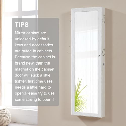 GISSAR Jewelry Mirror Armoire Wall Mount Over The Door Cabinet Storage Organizer Lockable Full Length Door Mirror(White)