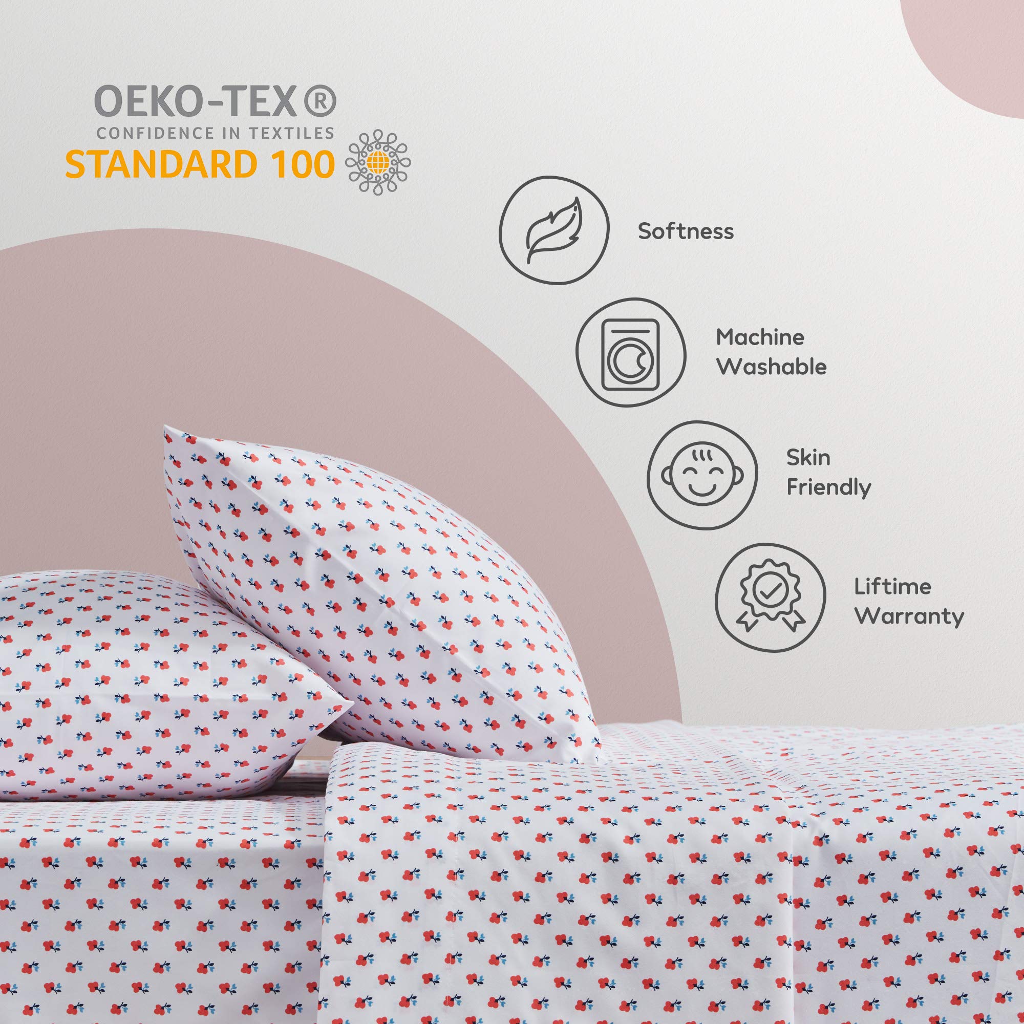 SLEEP ZONE Kids Printed Twin Bed Sheets Set 3-Piece - Super Soft & Cute Kids Sheet Set with Flat Sheet, Fitted Sheet, Pillowcase (Twin, Little Bouquet Red)