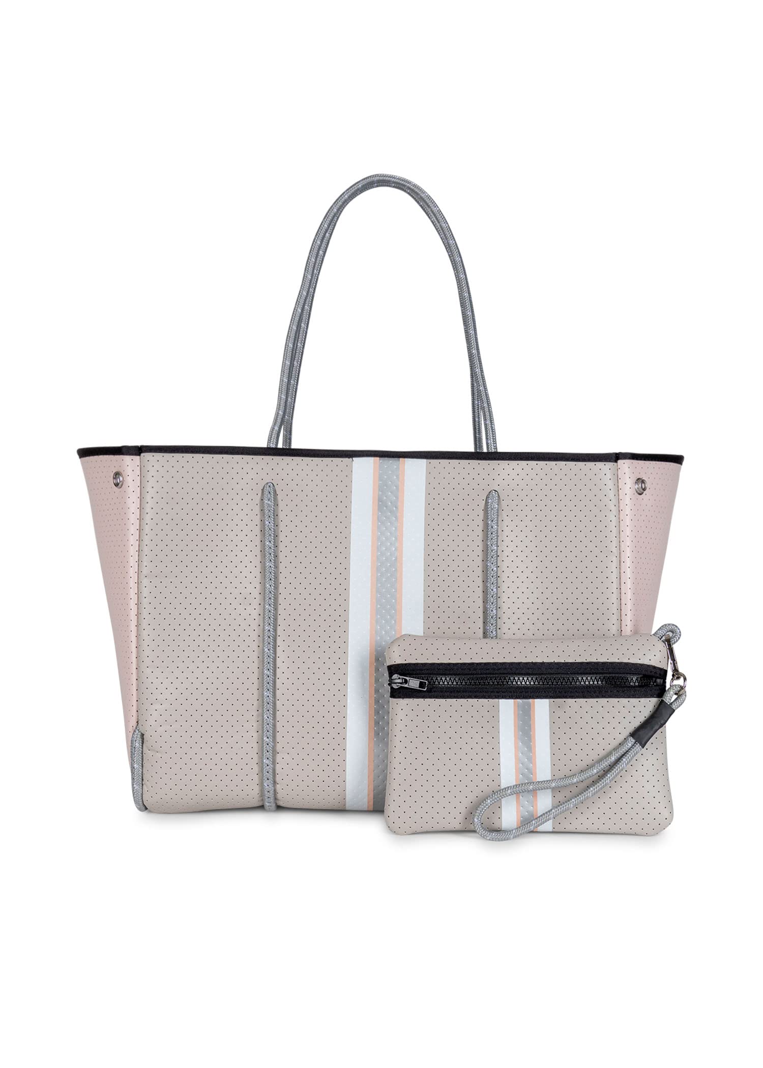 Haute Shore - Greyson Shell Neoprene Tote Bag w/Zipper Wristlet Inside,Greige Coated W/White Greige & Peach Stripe