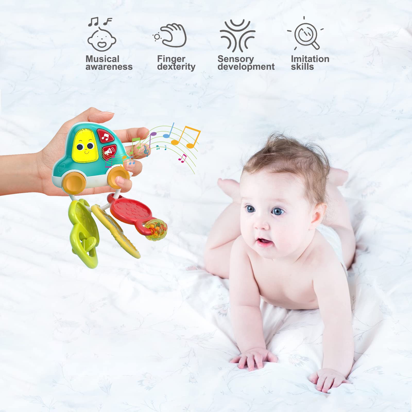 Yiosion Baby Musical Rattle Teether Set, Shaker, Grab and Spin Rattle, Early Educational FunKeys Toy Car Keychain with Light and Sounds, Gift for 3, 6, 9, 12 Month Infant Newborn