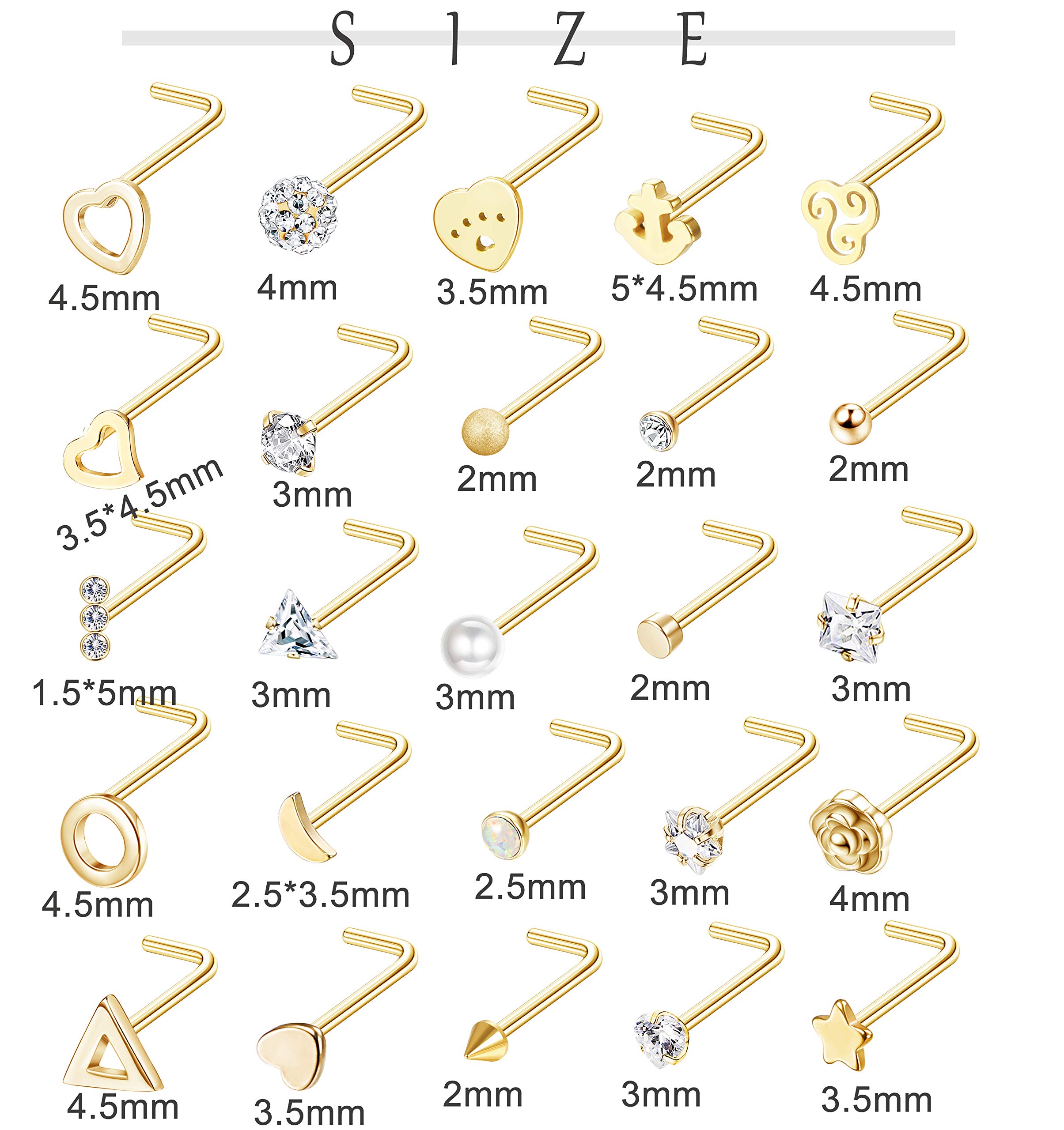 Drperfect 20G 25Pcs Nose Rings Studs Stainless Steel Bone Screw L Shaped Nose Body Piercing for Womens Mens