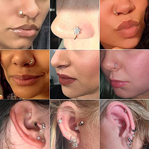 Drperfect 20G Surgical Steel Nose Ring Hoop for Women Men Paved CZ Leaf Flower Nose Piercing Jewelry L Shaped Screw Bone CZ Nose Ring Stud Set