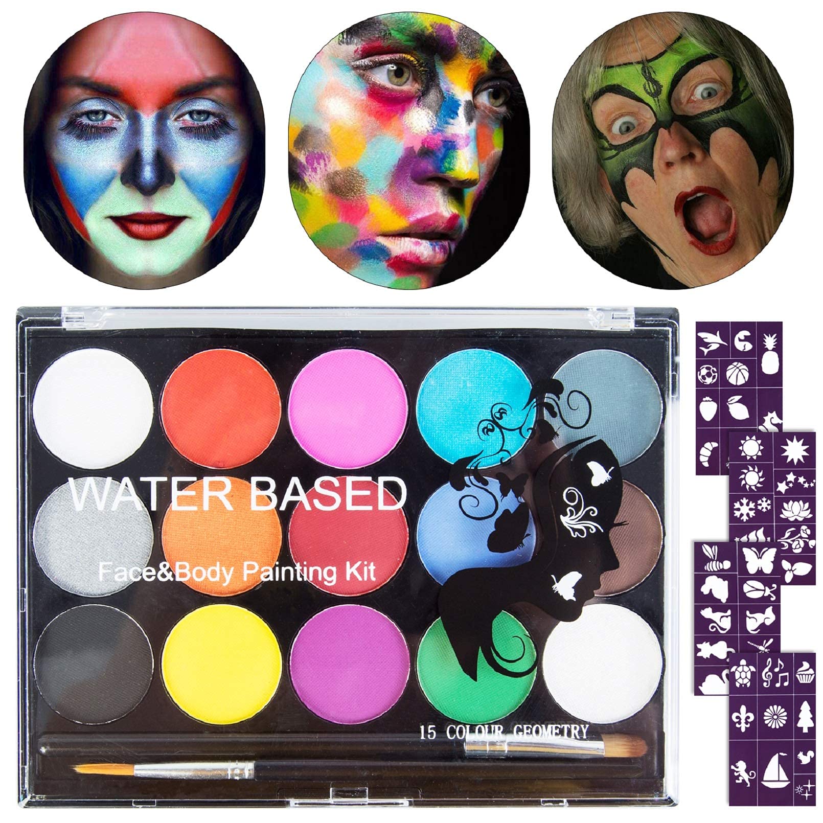 Face Paint Kit, 15 Colors Face Painting Kit with 4 Stencils 2 Brushes Professional Face Body Paint for Parties Halloween Makeup Cosplay