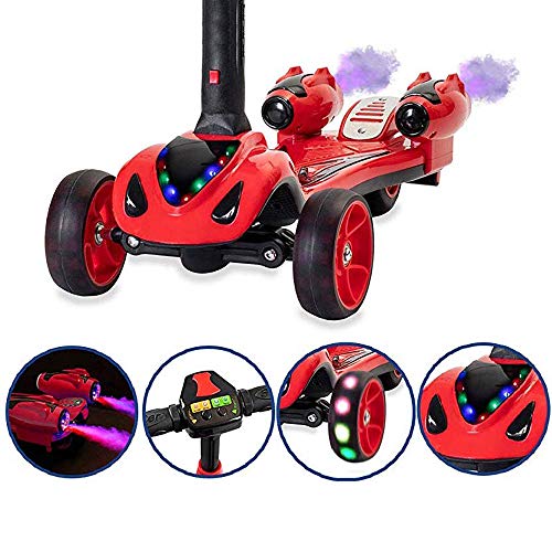 FOREVIVE Children's Scooter 3-Wheel Scooter with Colorful LED Flash Wheel, Music, Spray Steam, Foldable, Height-Adjustable, Suitable for Children Aged 3-12 (Red)