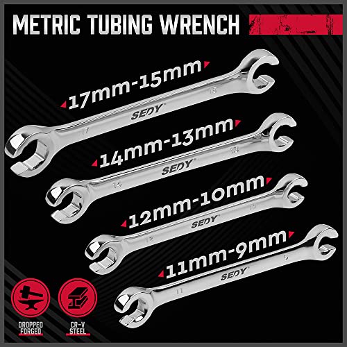 SEDY 4-Piece Flare Nut Wrench Set, Offset End Spanner Metric 9,10, 11,12, 13, 14, 15, 17mm, CR-V Steel, with Storage Pouch for Repair and Remove Nuts on Fuel, Tube, Hose, Transmission Lines