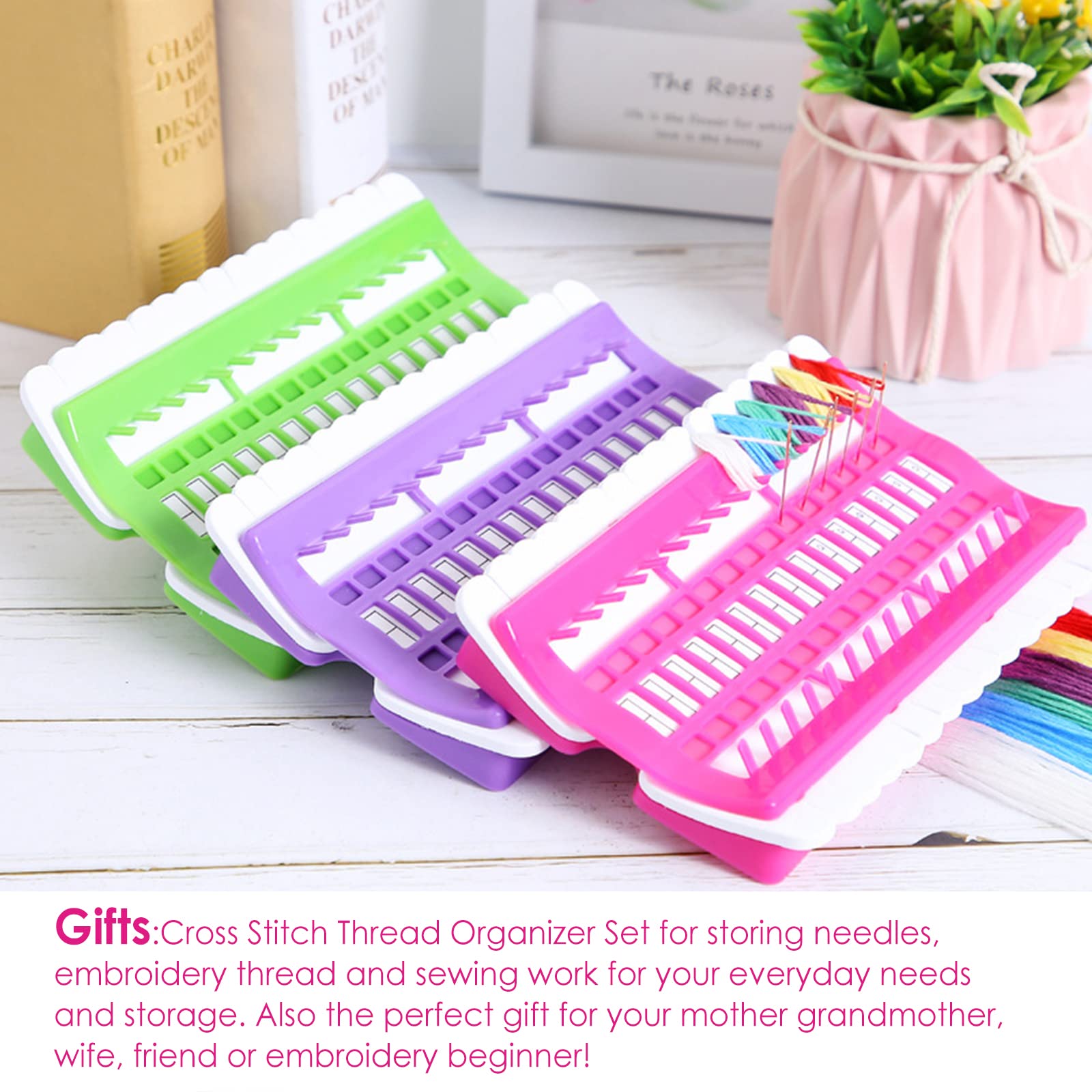 Yunnyp 50 Positions Embroidery Floss Organizer Shelf,Thread Organizers for Cross Stitch Embroidery Kit Tools Sewing Needle Holder Kit with 4Pcs Blank Replaceable Project Cards
