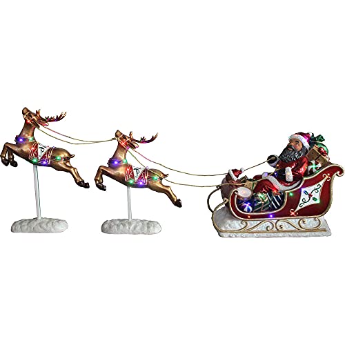 Fraser Hill Farm Flying Reindeer and African American Santa in Sleigh Figurine | Christmas Statue Includes Built-in LED Lights | Great Holiday Decoration | FFRS000-SC1-RDAA, Red