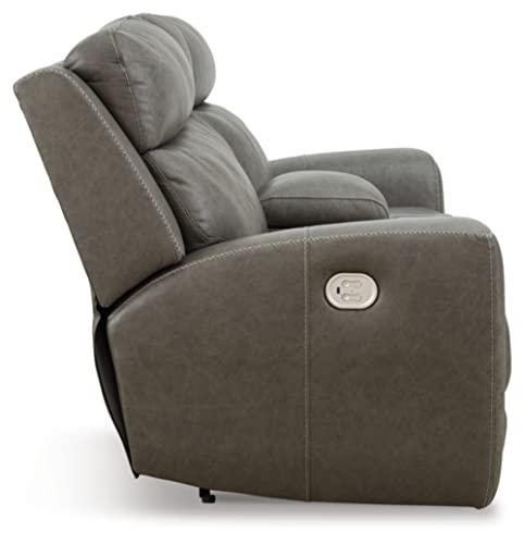 Signature Design by Ashley Roman Contemporary Tufted Leather Power Reclining Loveseat with Console and Adjustable Headrest, Gray