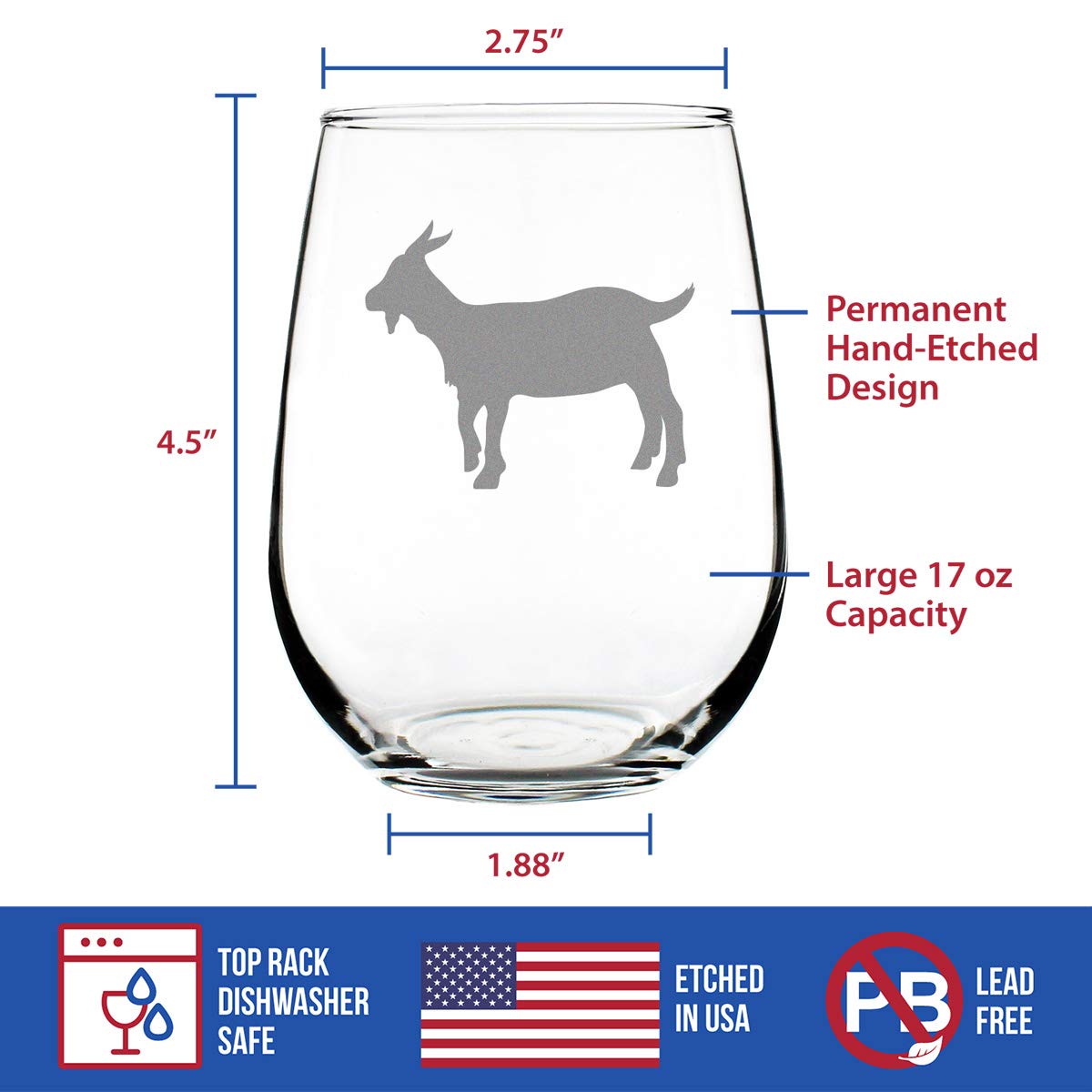 Goat Stemless Wine Glass - Cute Funny Farm Animal Themed Decor and Gifts for Goat Lovers - Large 17 Oz
