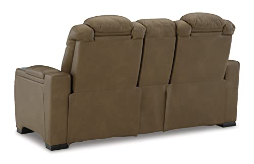 Signature Design by Ashley Strikefirst Contemporary Tufted Leather Power Reclining Loveseat with Console and Adjustable Headrest, Light Brown