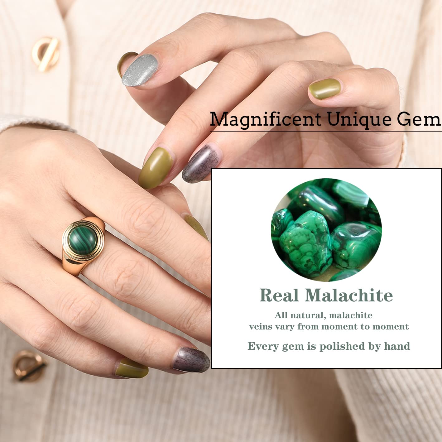 JINEAR 14K Gold Plated Round Malachite Band Ring for Women and Men Green Gemstone Stackable Bulky Thumb Statement Ring