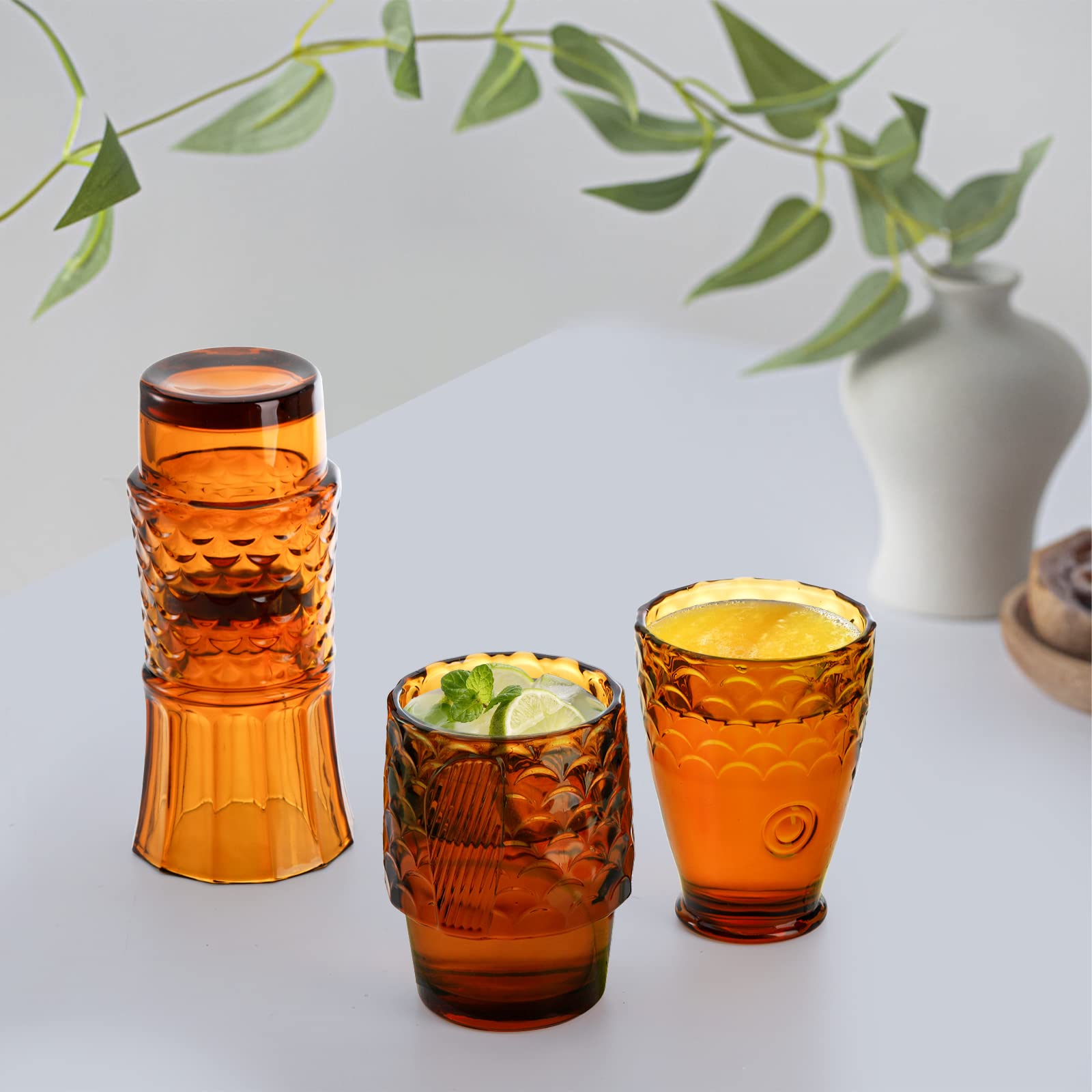 Frcctre Set of 4 Koi Fish Design Drinking Glasses, Stackable Amber Tumbler Glasses Beverage Cups Juice Tumblers Drinking Water Cups Nautical Glassware for Home, Party, Bar