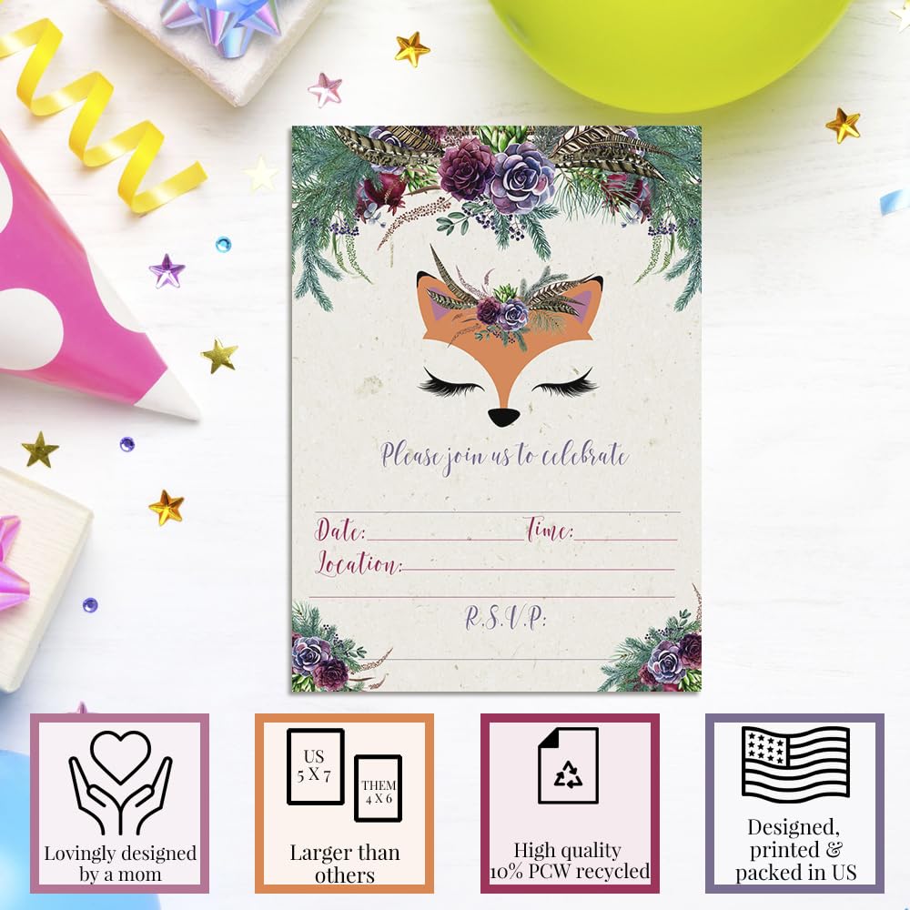 Woodland Forest Fox Face Floral With Greenery Birthday Party Invitations, 20 5x7 Fill In Cards with Twenty White Envelopes by AmandaCreation