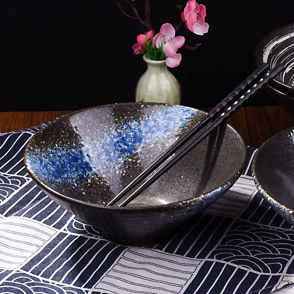 Japanese Ramen Bowls Set of 2, Ceramic Noodle Soup Cereal Bowls(BLC)